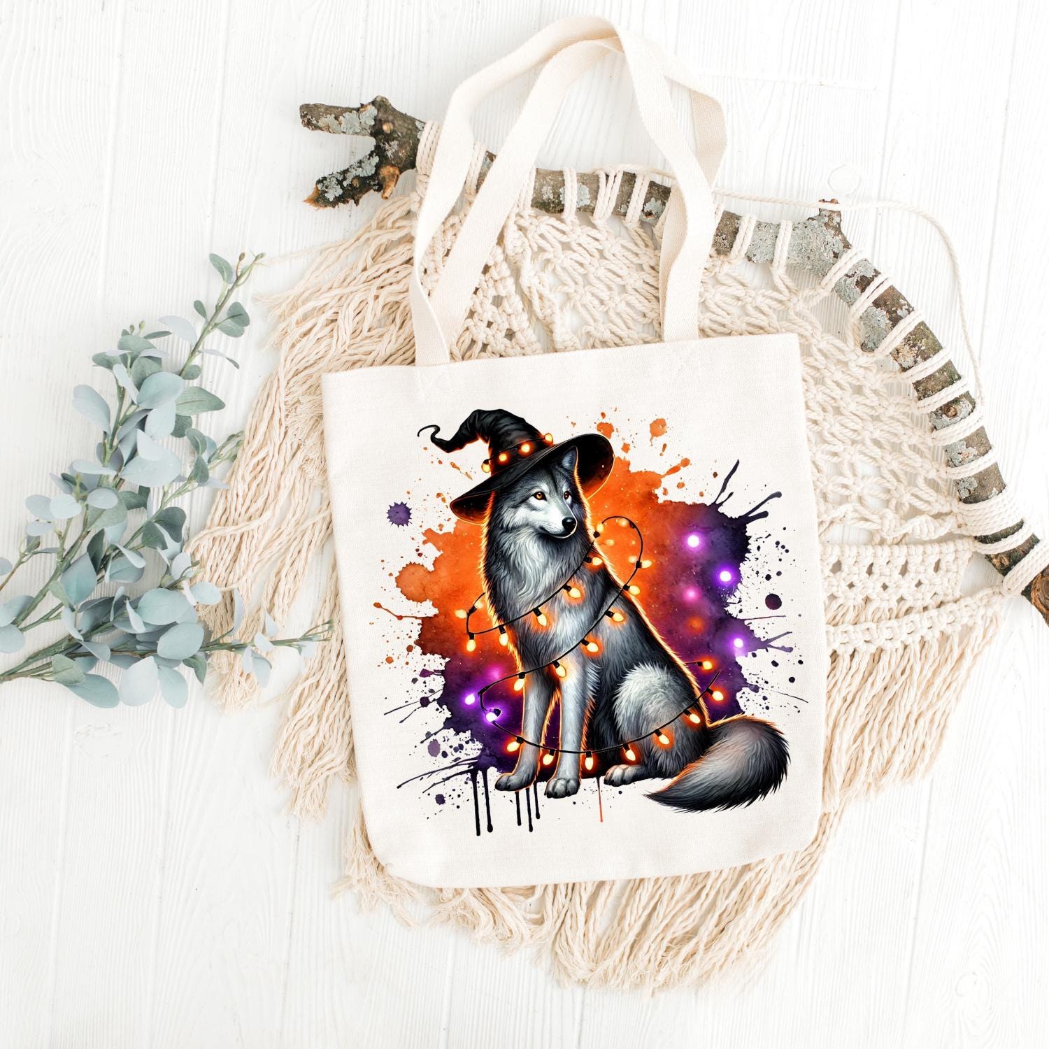 Halloween Wolf PNG, Witch Hat Wolf Clipart With Lights, Mystical Forest ...