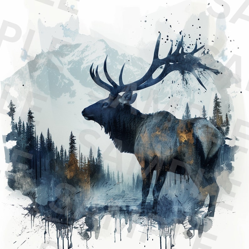 5 Elk Clipart Set, Elk Silhouette PNG, Printable Watercolor Clipart ...