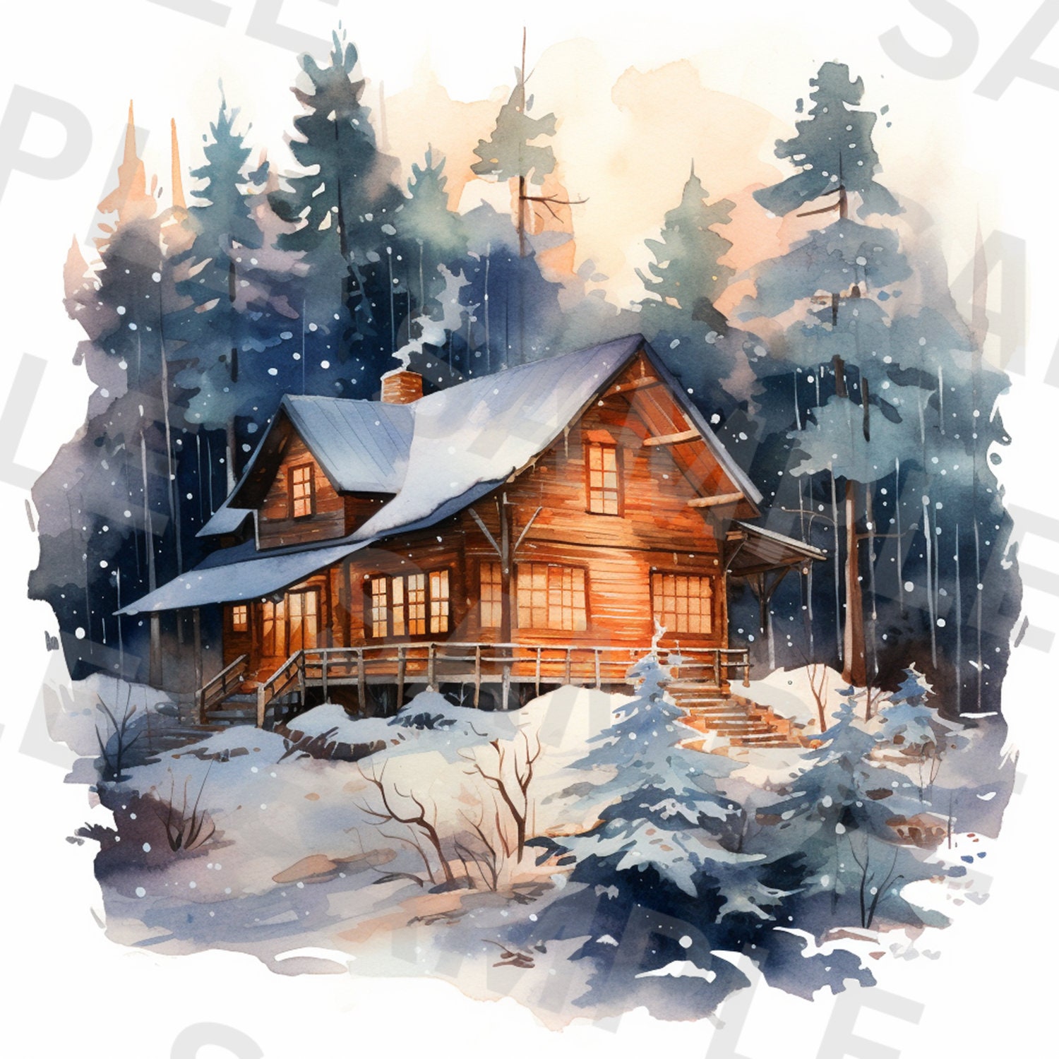 5 Log Cabin in Snow Clipart, Printable Watercolor Clipart, High Quality ...