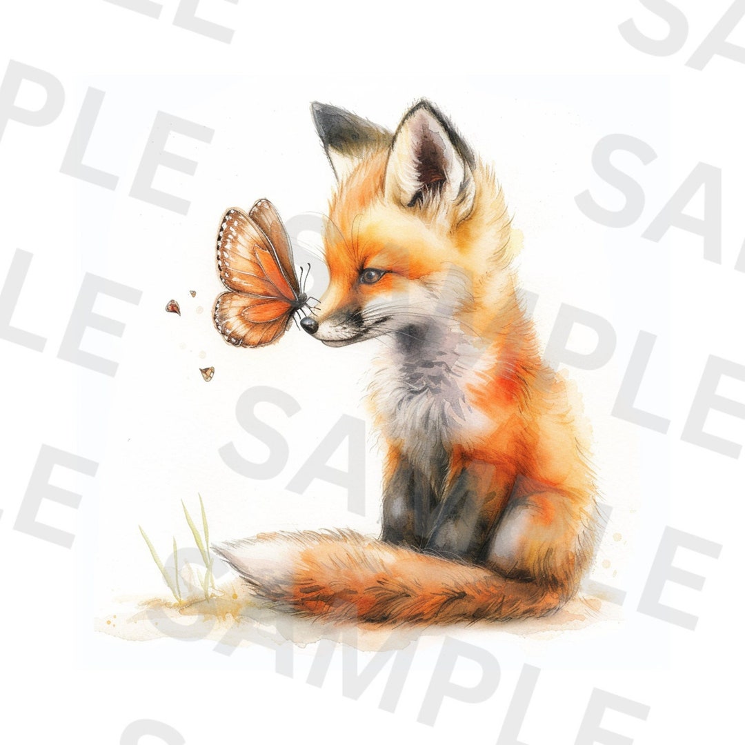 5 Fox and Butterfly Clipart, Cute Baby Fox, Printable Watercolor ...