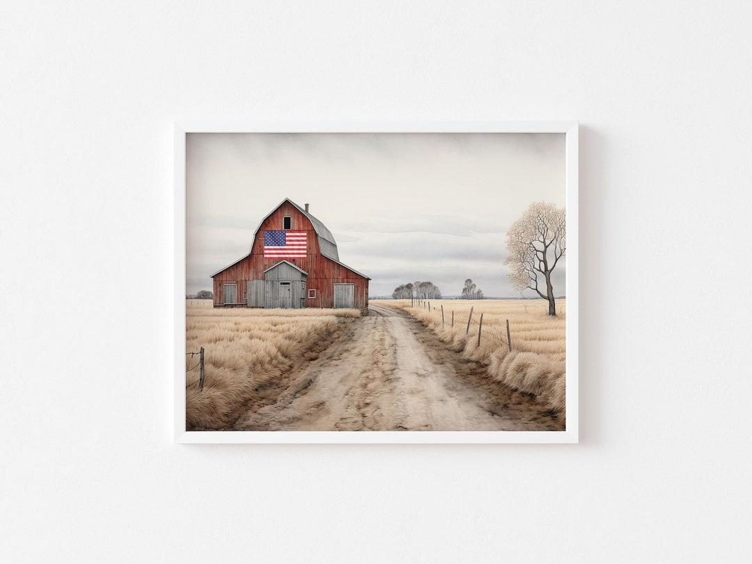 American Flag on Red Barn Print, Watercolor Print, Watercolor Barn ...