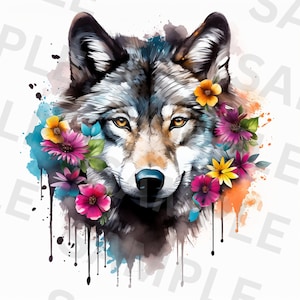 5 Colorful Wolf With Flowers PNG, Wolf Clipart Set, Printable ...
