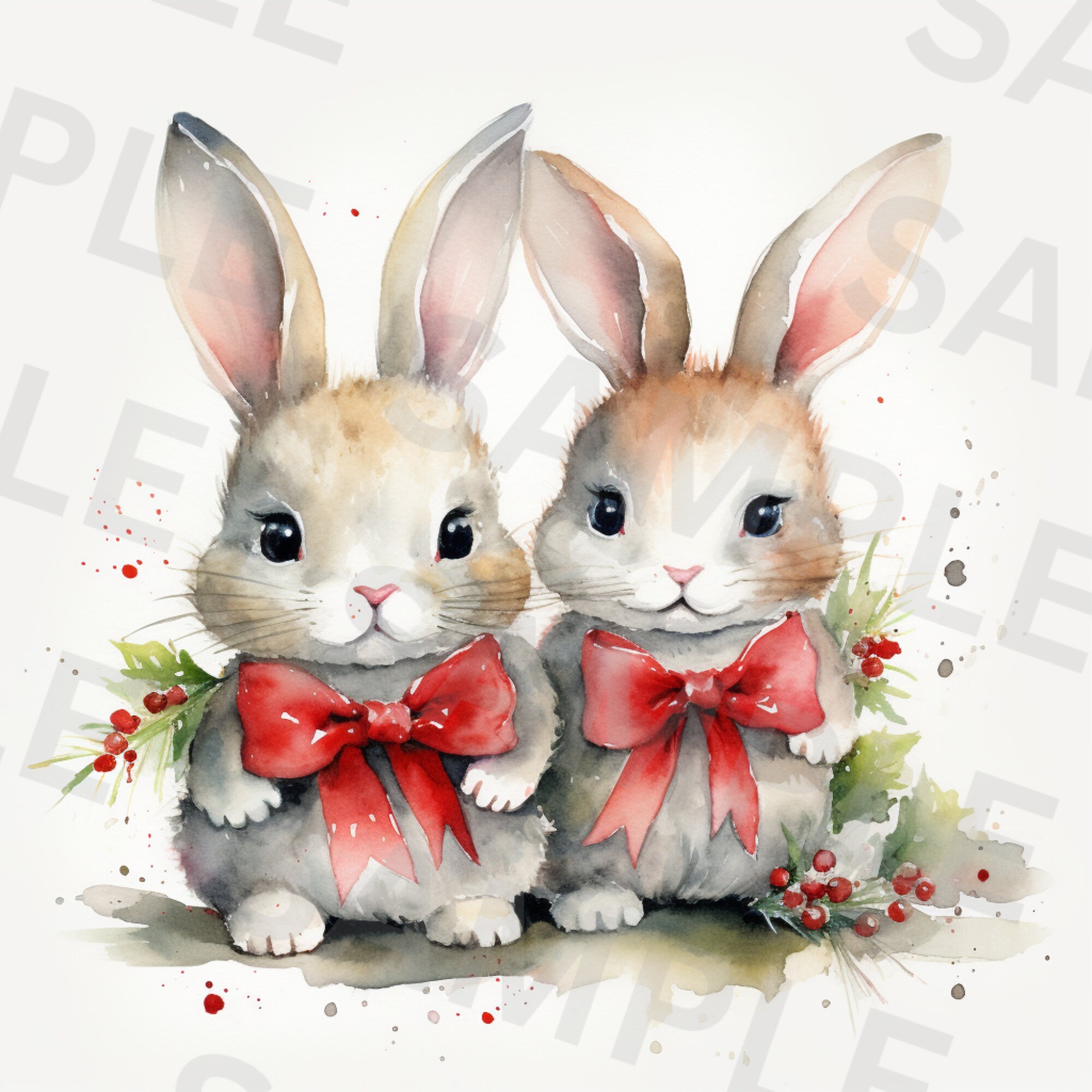 5 Christmas Bunnies Clipart, Winter Bunny, Printable Watercolor Clipart ...