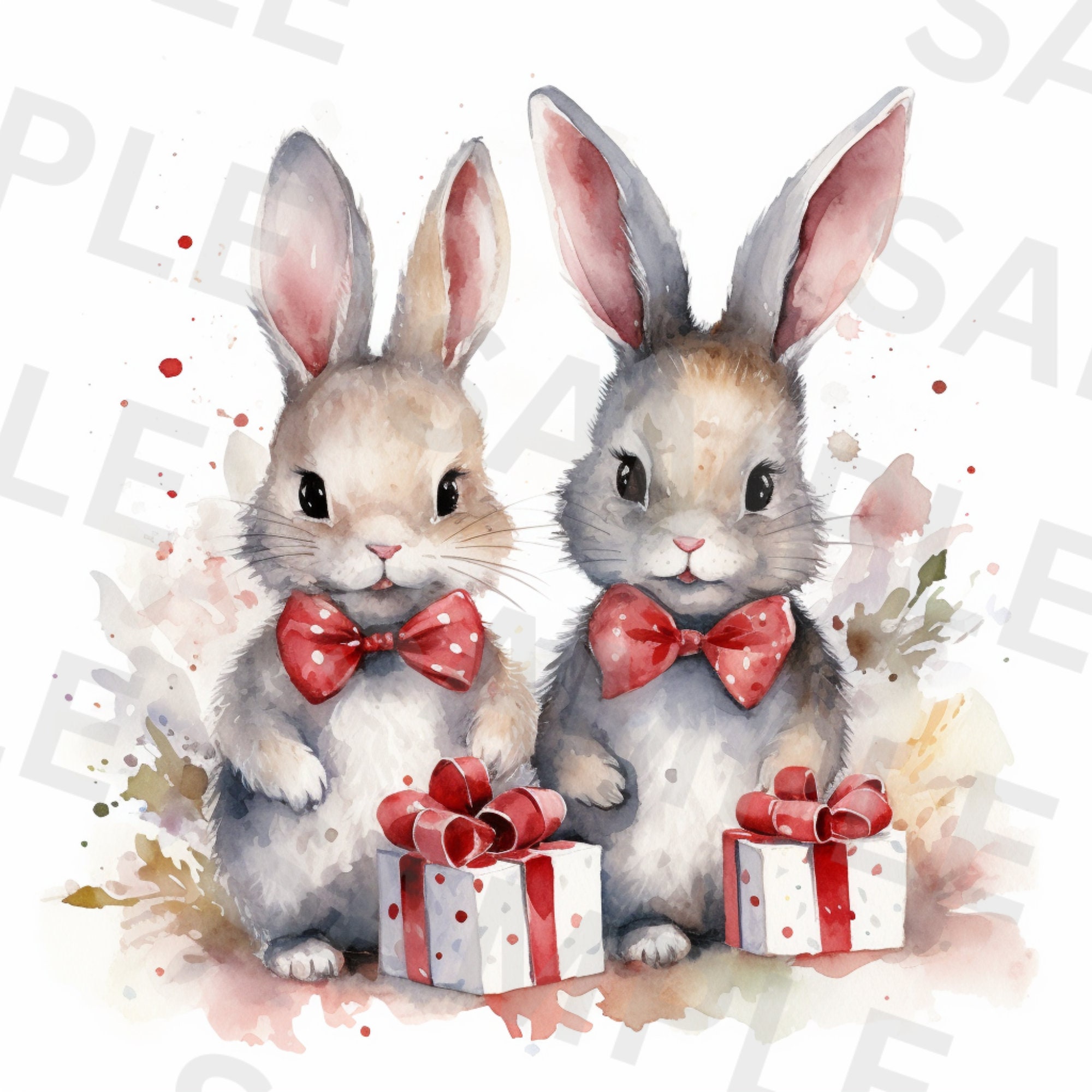 5 Christmas Bunnies Clipart, Winter Bunny, Printable Watercolor Clipart ...