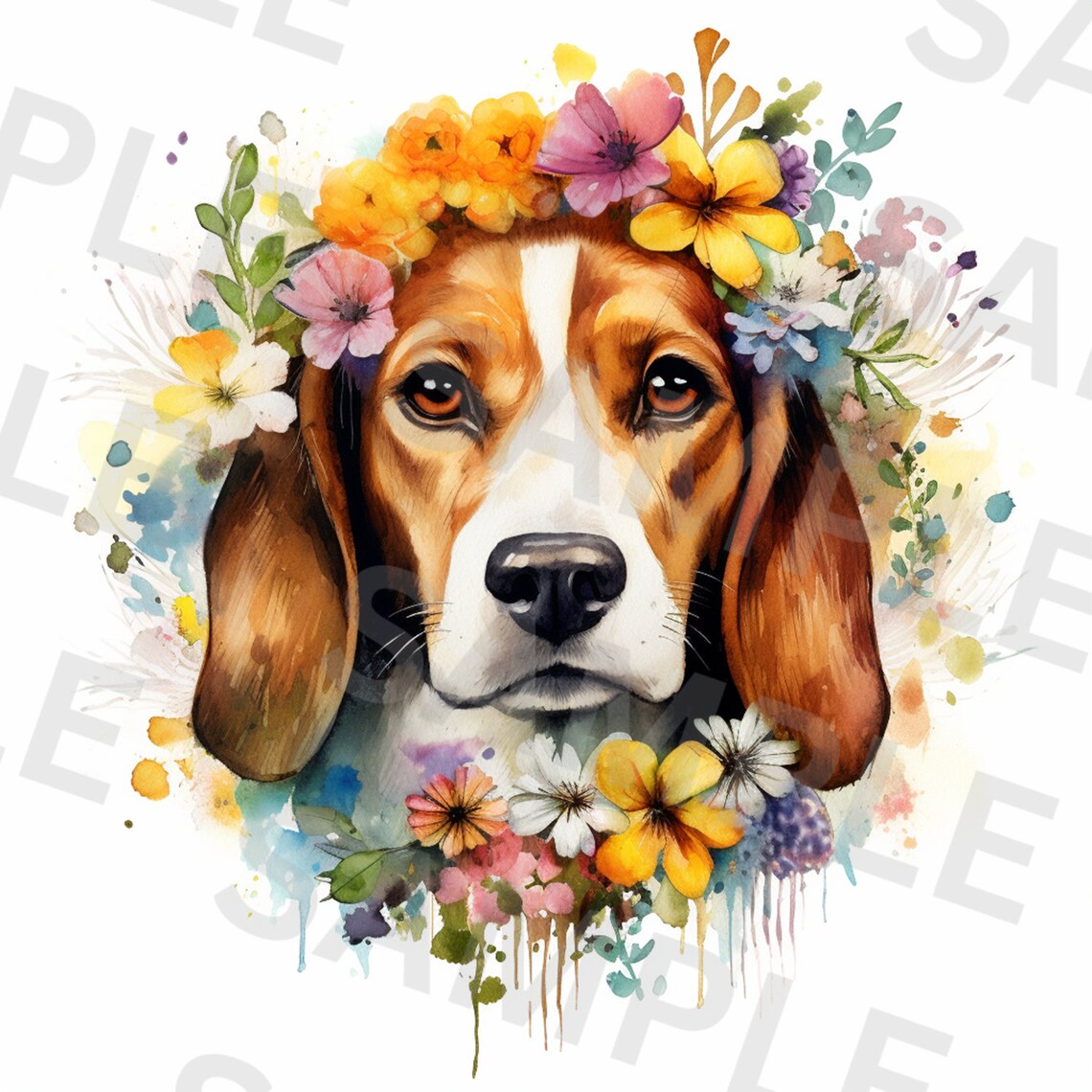 5 Beagle With Flowers Clipart, Printable Watercolor Clipart, High ...