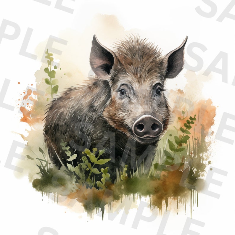 5 Wild Boar in Forest Clipart, Printable Watercolor Clipart, 5 High ...