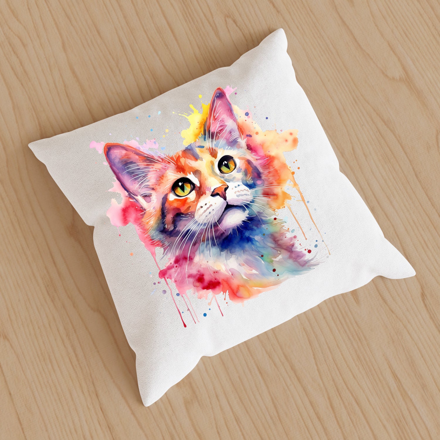 Watercolor Splashed Cartoon Cat Print Clip Art Transparent PNG Digital ...