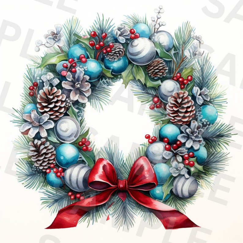 5 Christmas Wreath Clipart, Digital Clipart, Watercolor Clipart, High ...