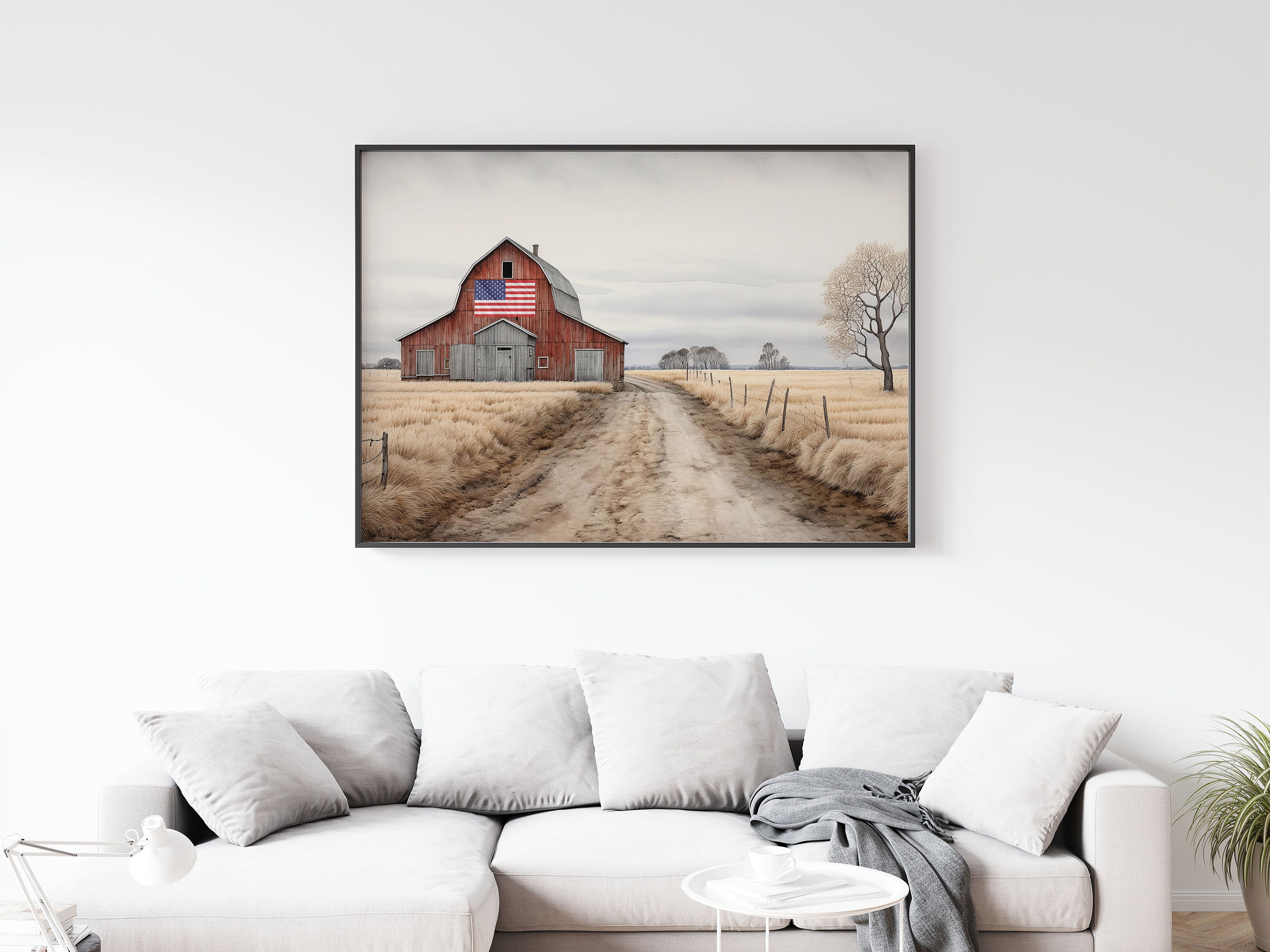 American Flag on Red Barn Print, Watercolor Print, Watercolor Barn ...