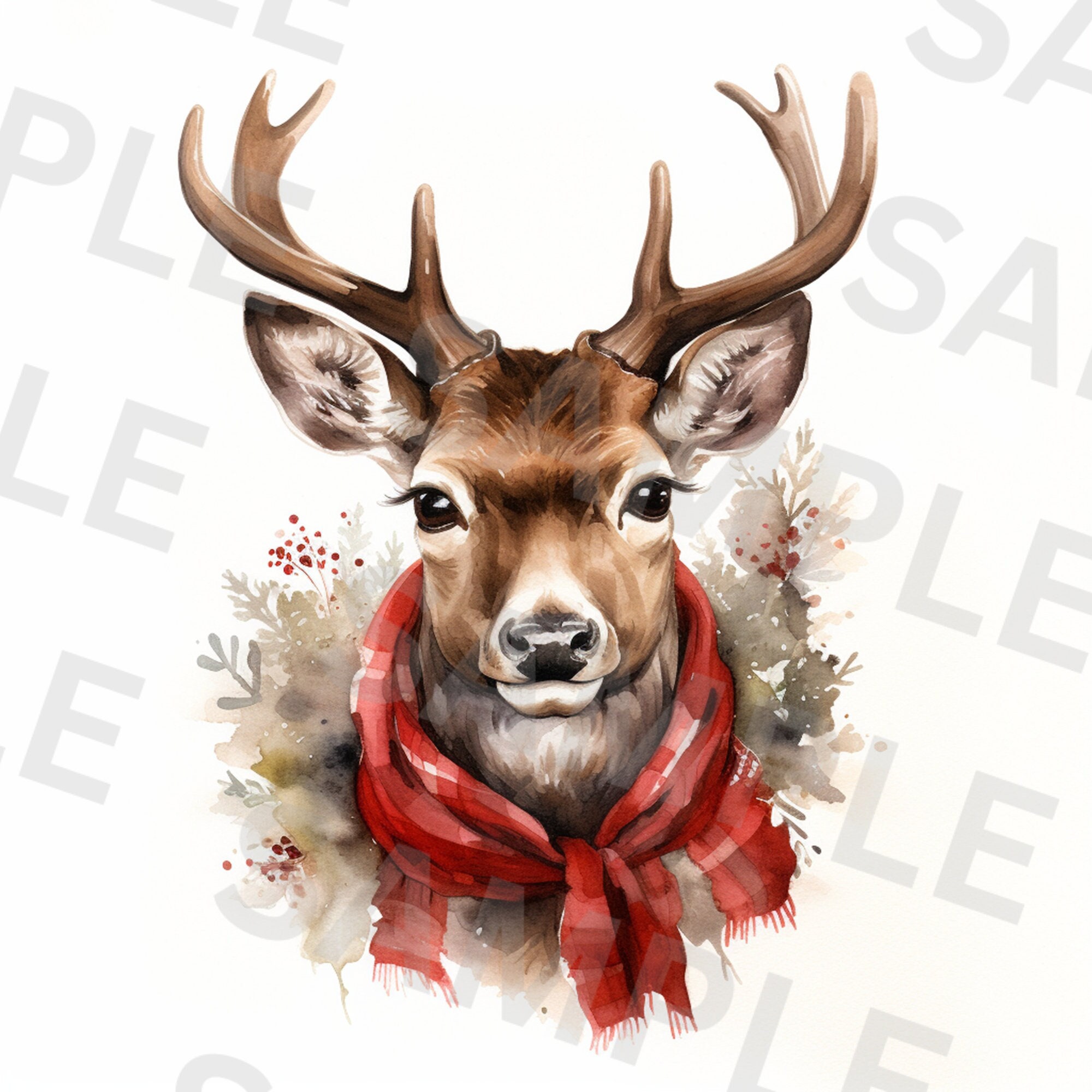 5 Christmas Deer Clipart, Printable Watercolor Clipart, Deer With Scarf ...