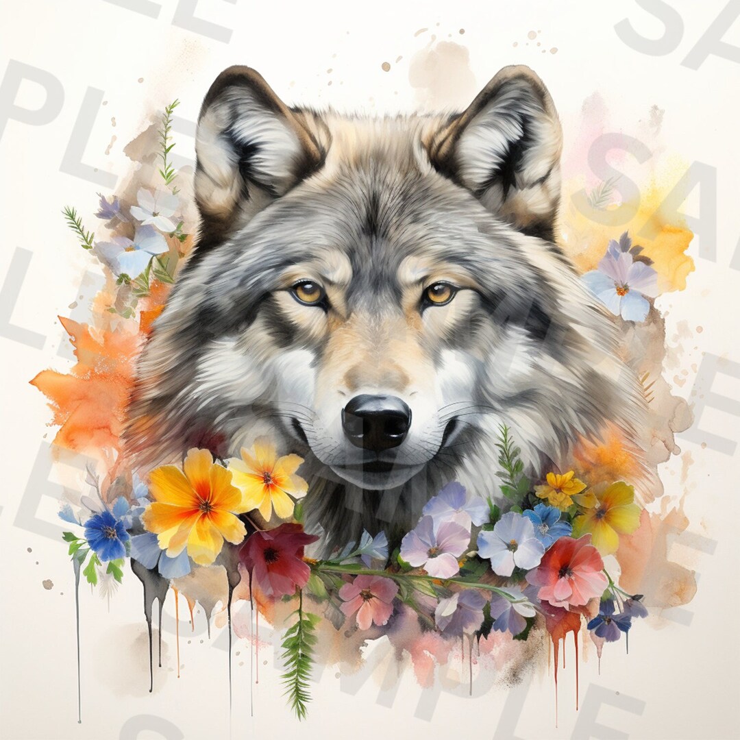 5 Colorful Wolf With Flowers PNG, Wolf Clipart Set, Printable ...