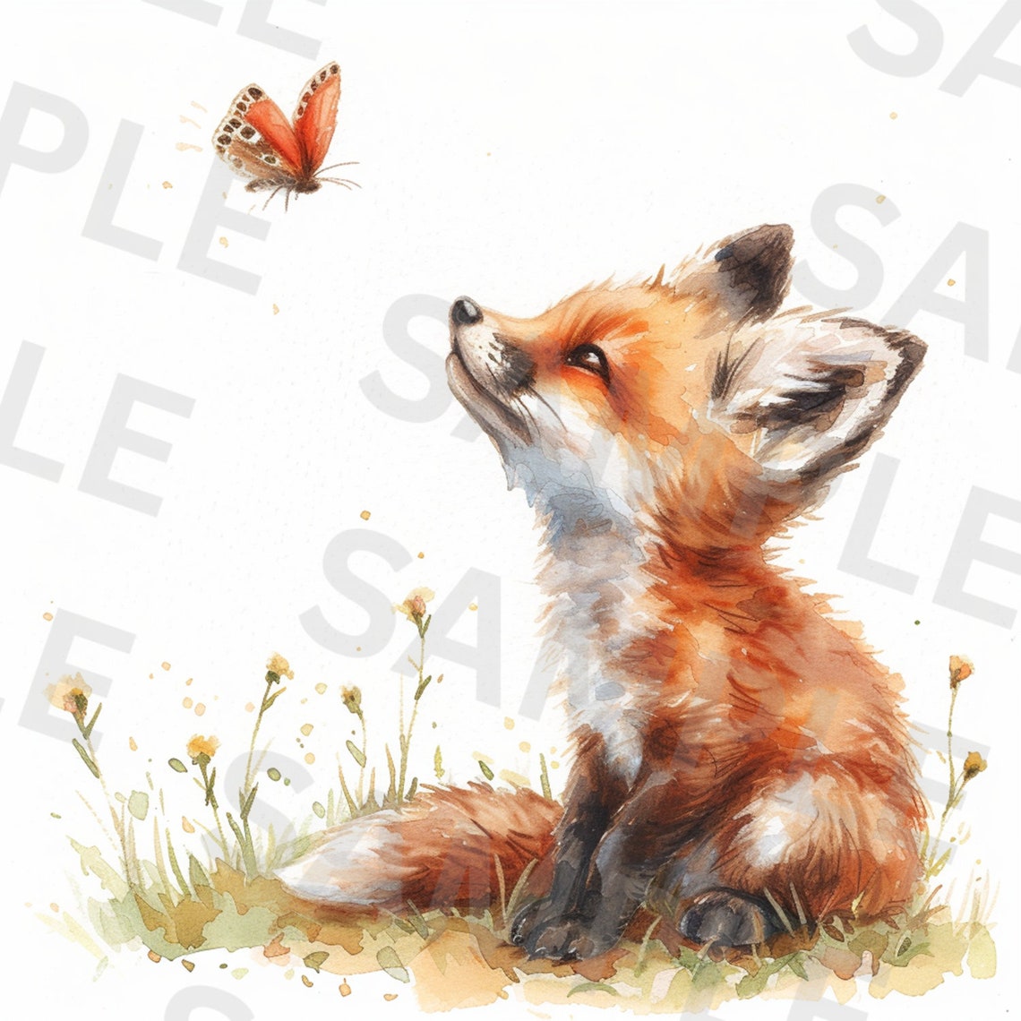 5 Fox and Butterfly Clipart, Cute Baby Fox, Printable Watercolor ...