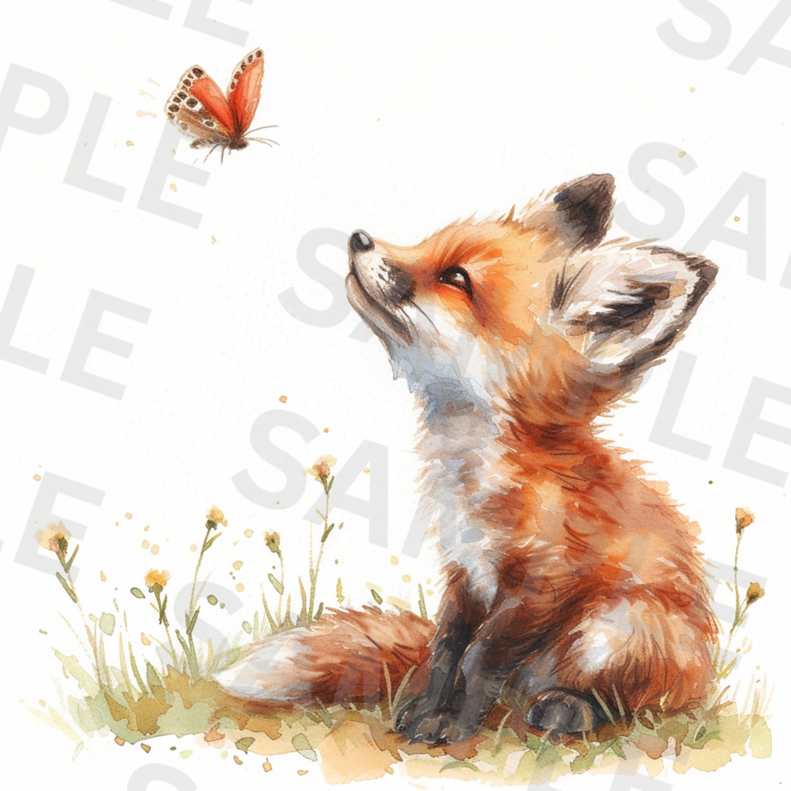5 Fox and Butterfly Clipart, Cute Baby Fox, Printable Watercolor ...
