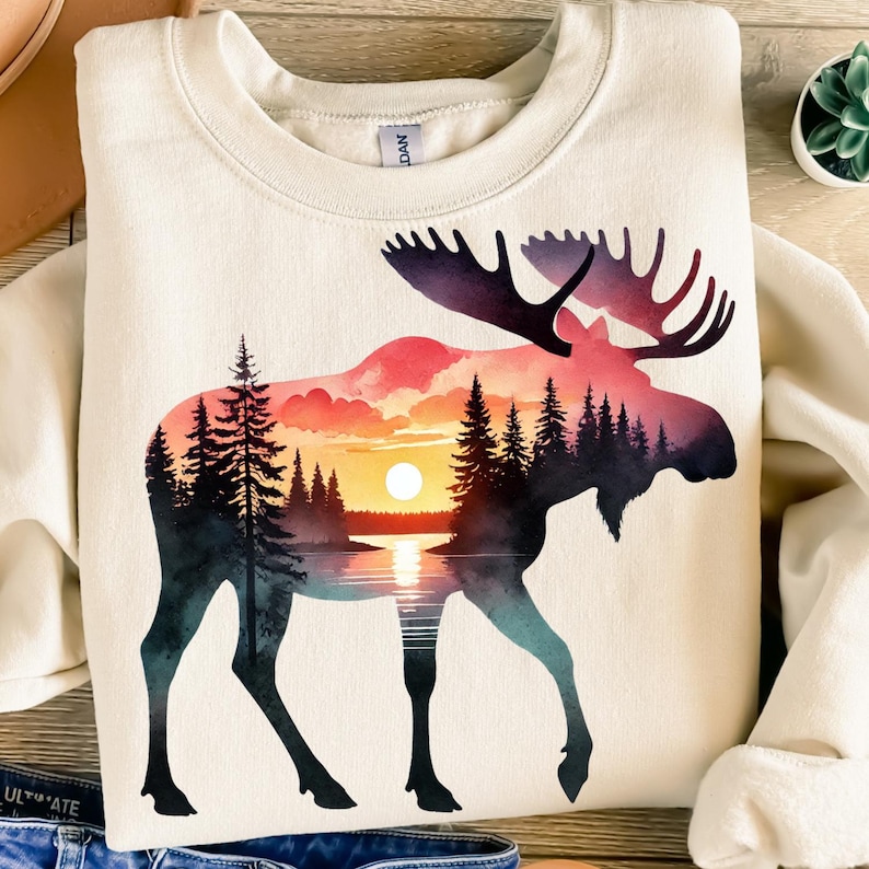 Moose Png, Sublimation Design, Trendy Png, Lake Sunset Png, Forest ...