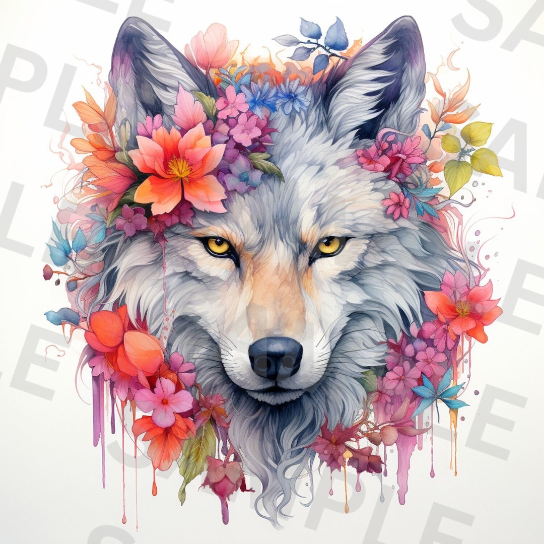 5 Wolf With Flowers Clipart Set, Printable Watercolor Clipart, 5 High ...