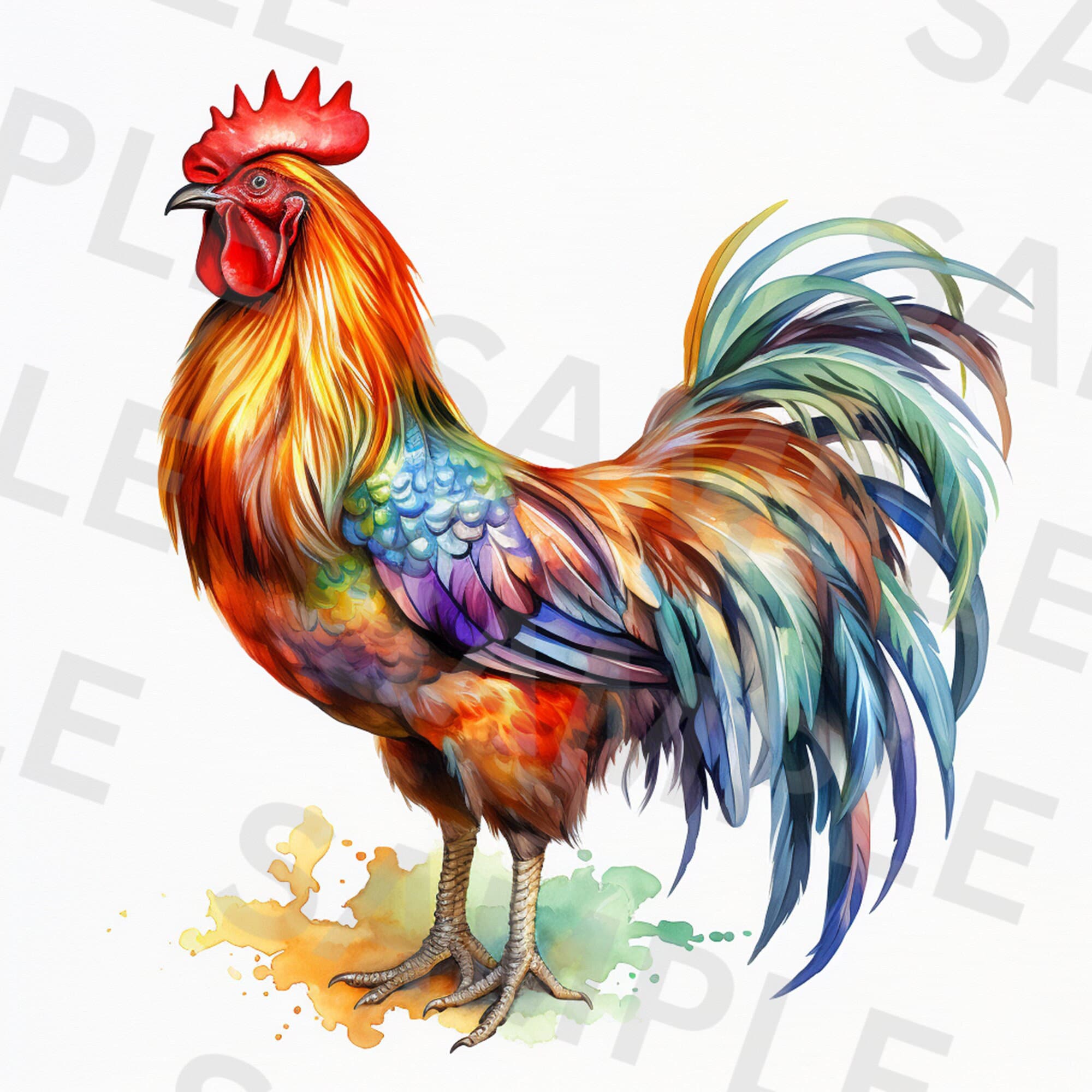 5 Coloured Rooster Clipart, Printable Watercolor Clipart, High Quality ...