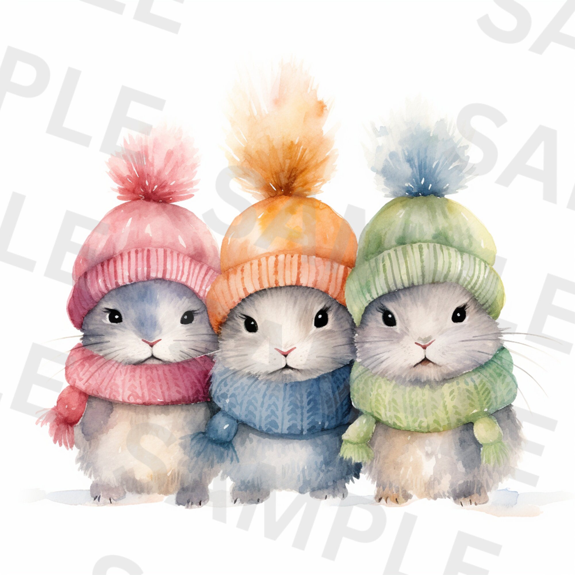 5 Bunnies in Scarves Clipart, Winter Bunnies, Printable Watercolor ...