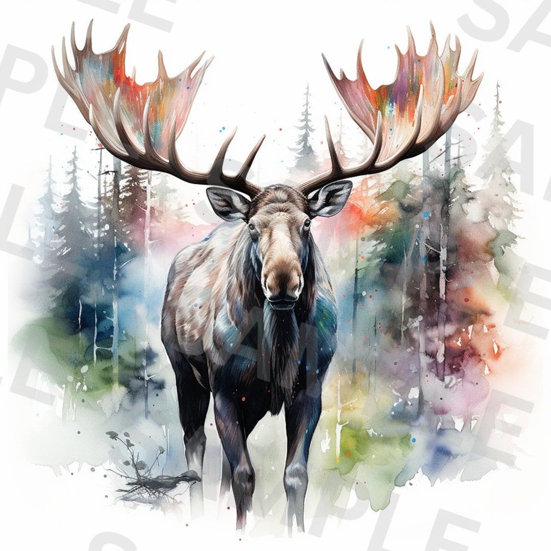 5 Alaska Moose Clipart Set, Moose in Forest PNG, Printable Watercolor ...