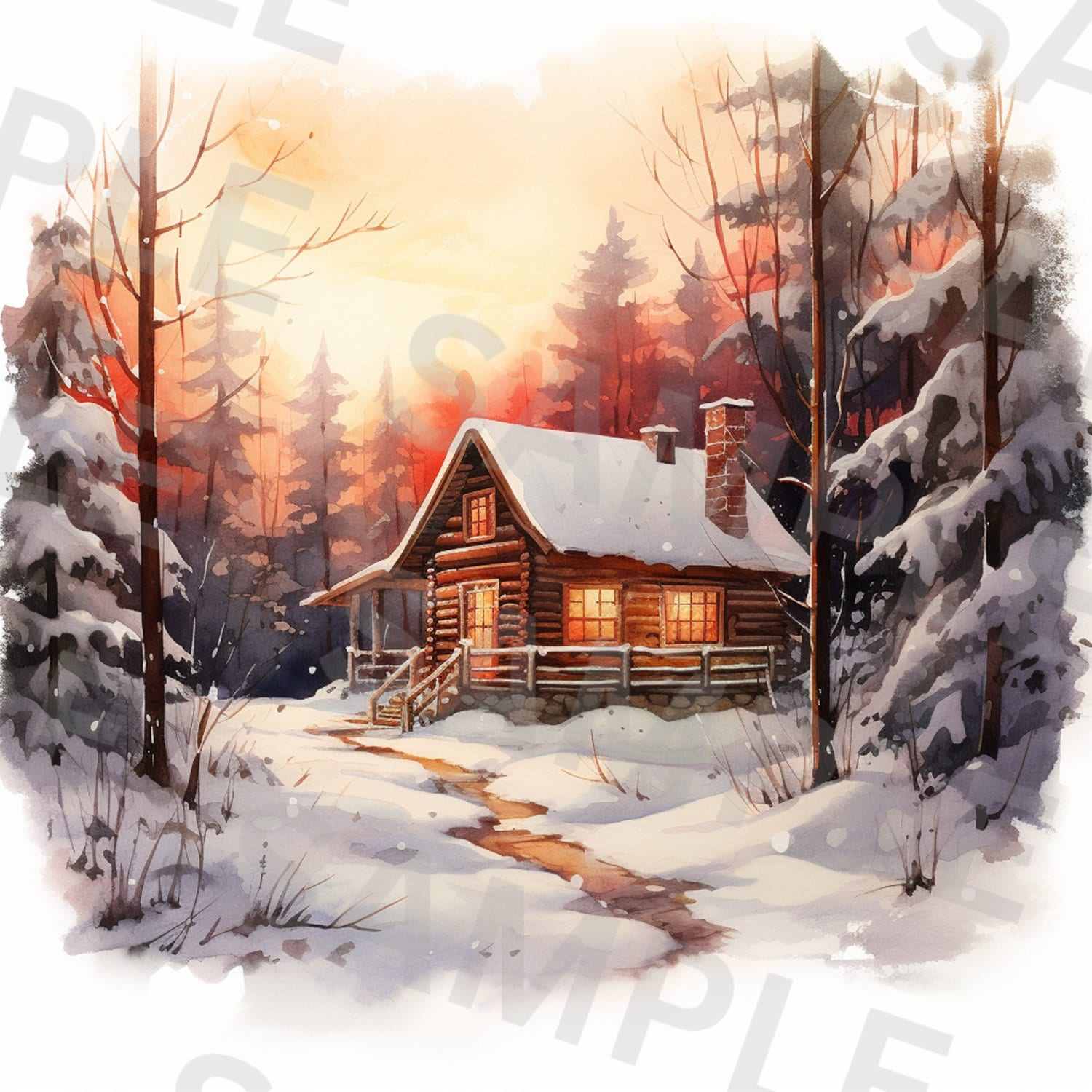 5 Log Cabin in Snow Clipart, Printable Watercolor Clipart, High Quality ...