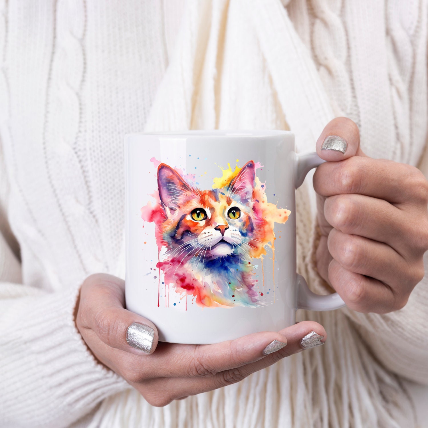 Watercolor Splashed Cartoon Cat Print Clip Art Transparent PNG Digital ...