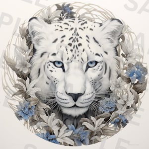 5 Snow Leopard With Flowers Clipart, Cute Snow Leopard Clipart Bundle ...
