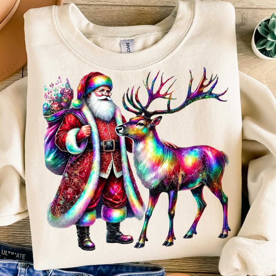 Rainbow Neon Santa and Reindeer PNG, Sublimation Design, Colorful ...