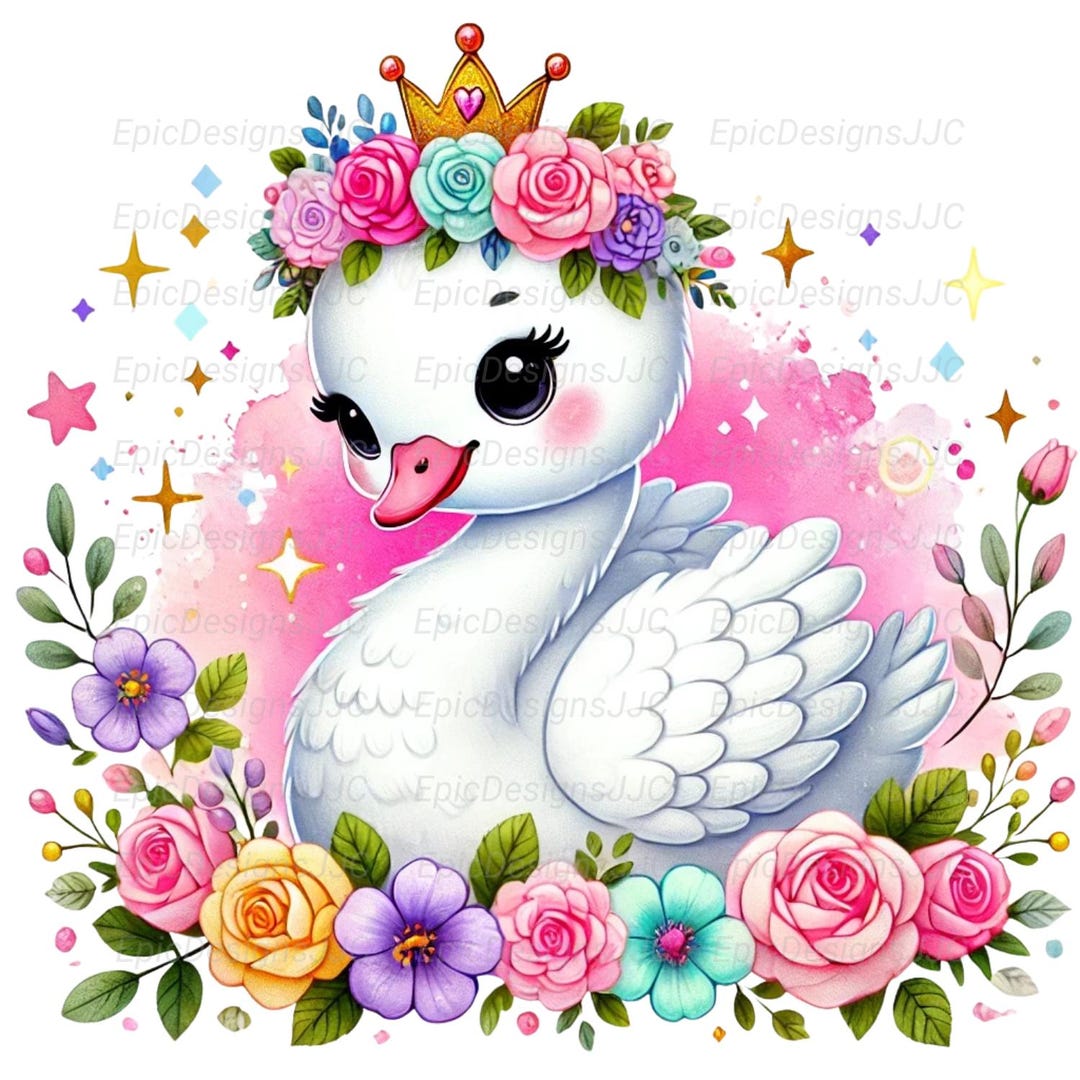 Princess Swan PNG, Cute Swan Clipart With Crown & Flowers, Girl Nursery ...
