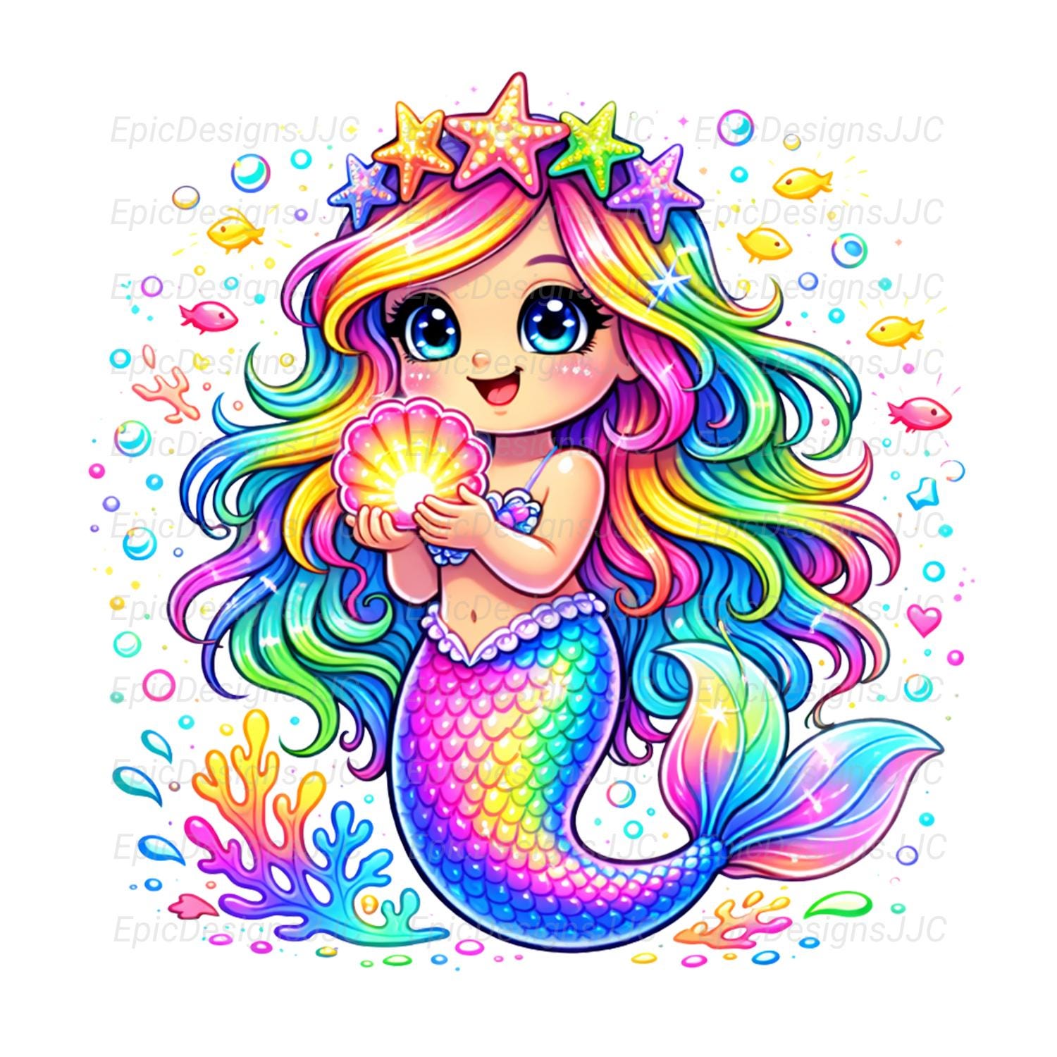 Mermaid PNG, Rainbow Neon Mermaid Clipart, Cute Kawaii Under the Sea ...
