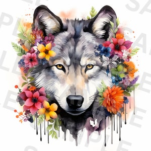 5 Colorful Wolf With Flowers PNG, Wolf Clipart Set, Printable ...