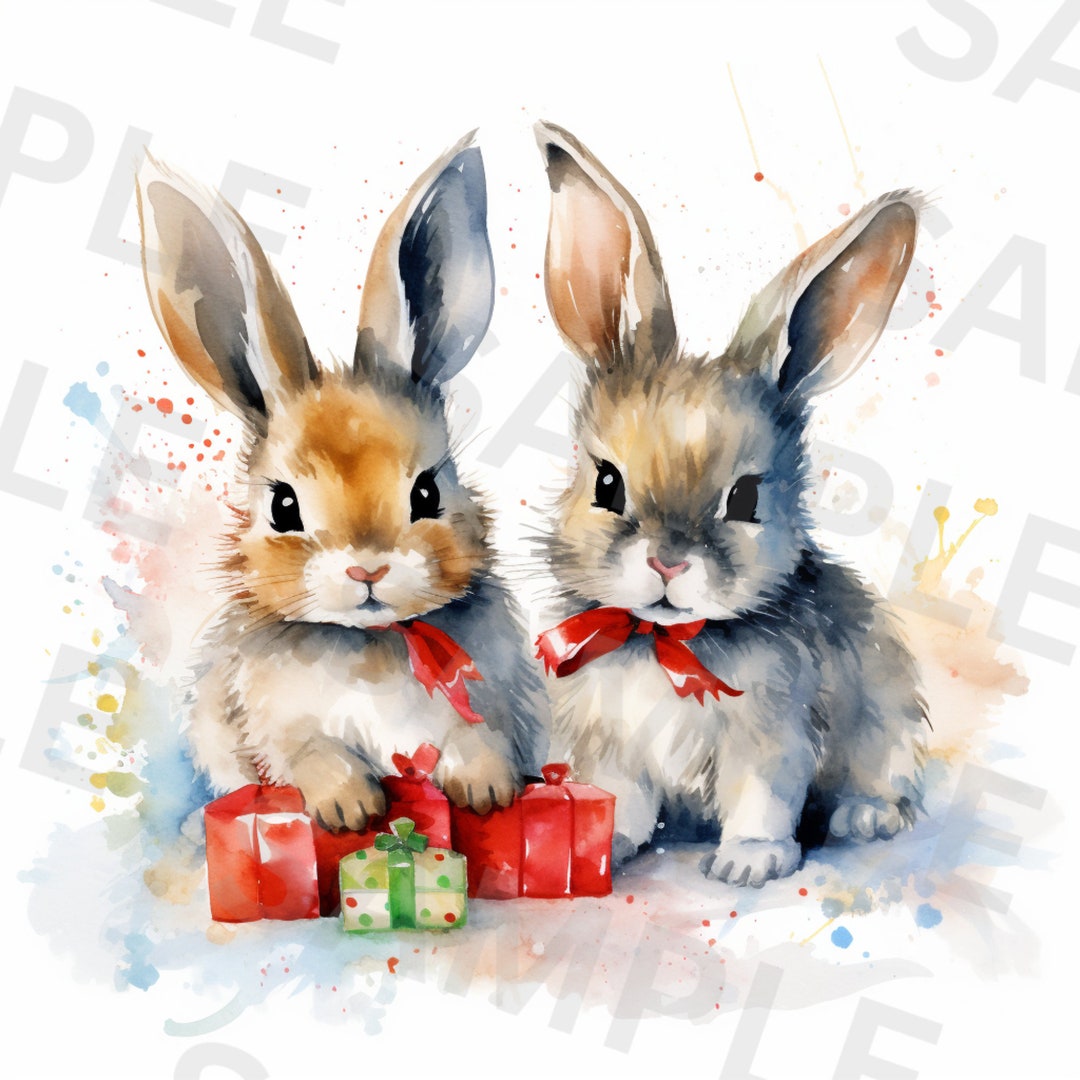5 Christmas Bunnies Clipart, Winter Bunny, Printable Watercolor Clipart ...