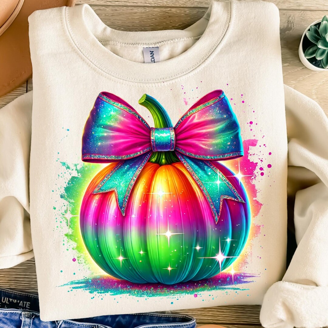 Neon Rainbow Pumpkin PNG With Glitter Bow – Bright Halloween ...