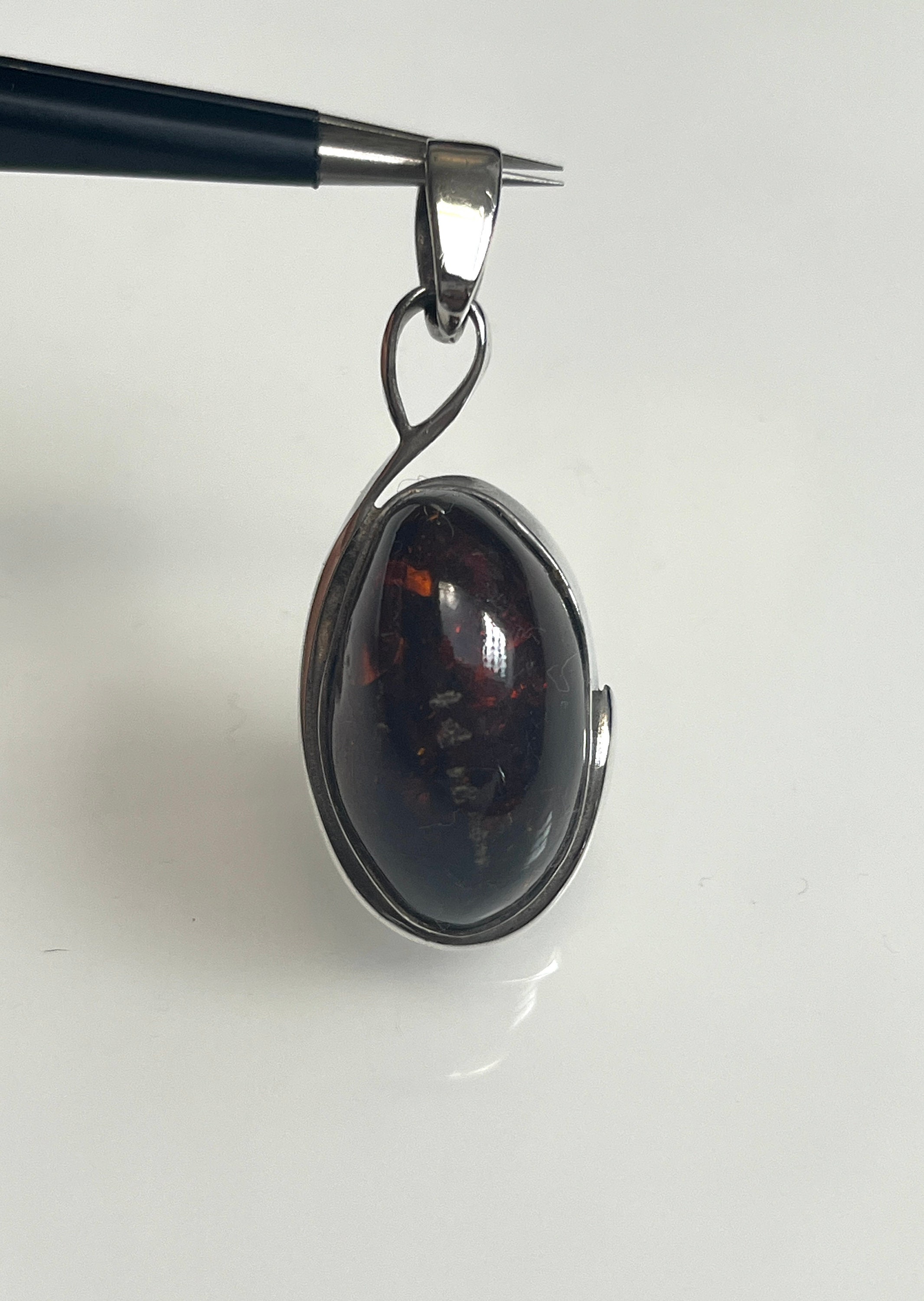 Vintage Oval Pebble Shaped 3D Deep Brandy Amber Silver Pendant Minimal ...