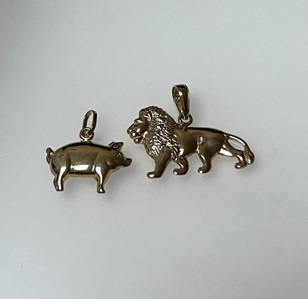 Variety Lion & Pig Charms 14K Yellow Gold Zoo Animal Kingdom Pendant ...