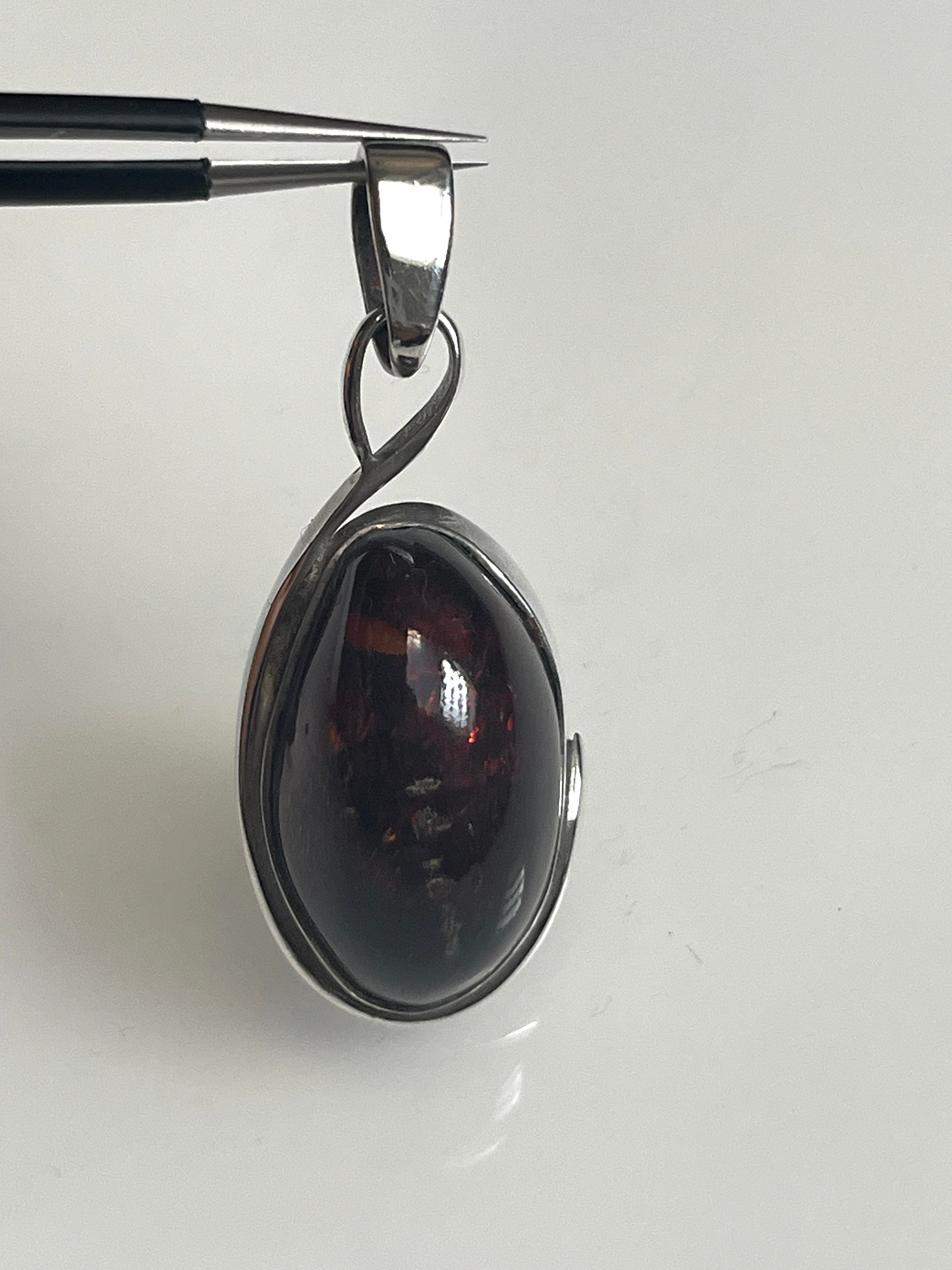 Vintage Oval Pebble Shaped 3D Deep Brandy Amber Silver Pendant Minimal ...