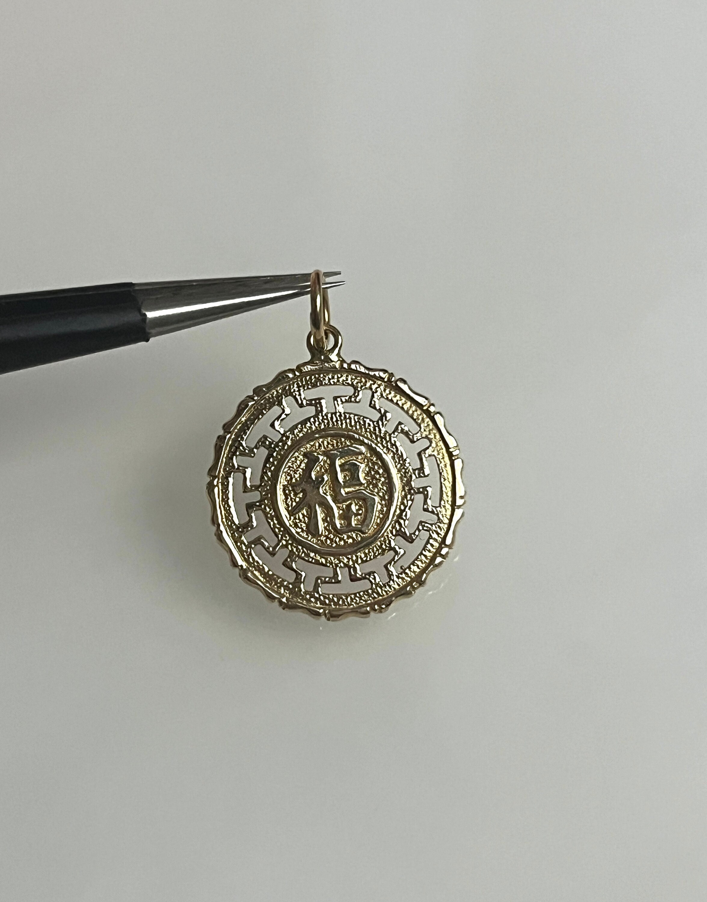 Double Sided 14K Yellow Gold Fortune Health Round Medallion Pendant ...