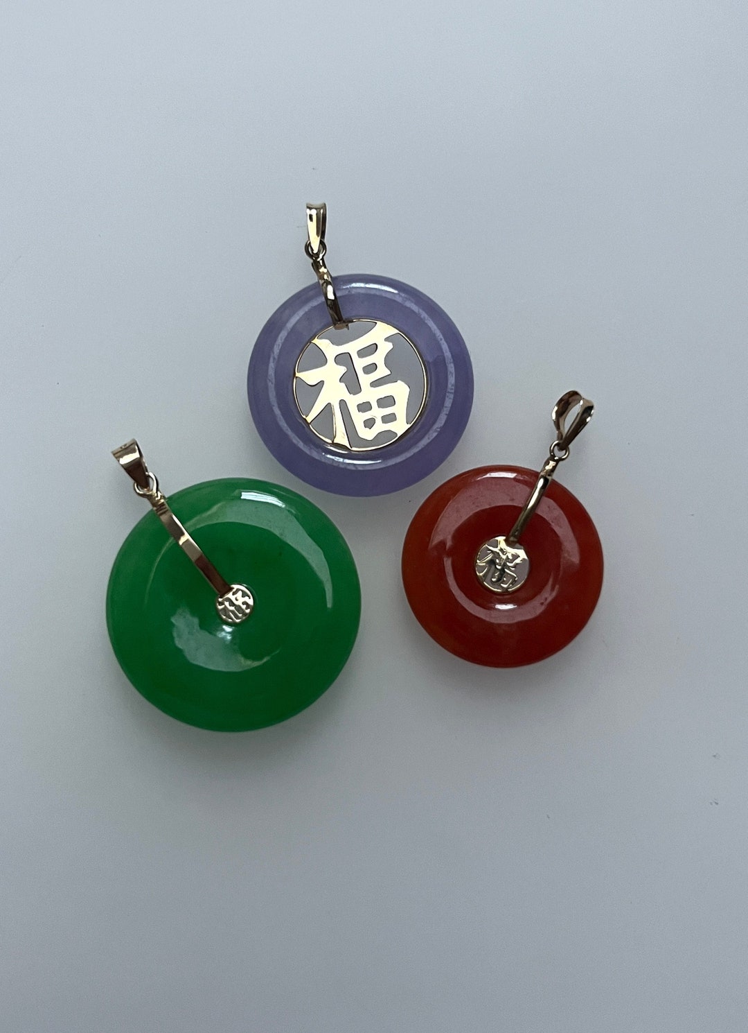 Vtg 14K Gold Jade Coin Fortune Pendant Fu Circle Round Green Red Purple ...