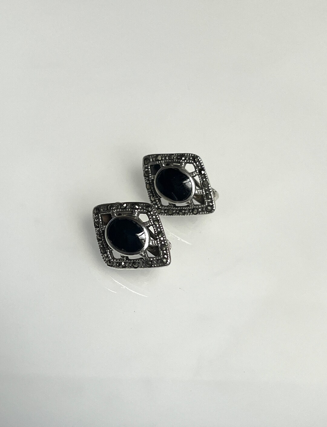Vintage Diamond Shape Black Onyx Clip on Silver Earrings Hinge ...