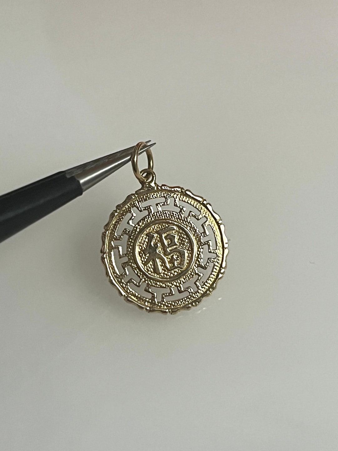 Double Sided 14K Yellow Gold Fortune Health Round Medallion Pendant ...