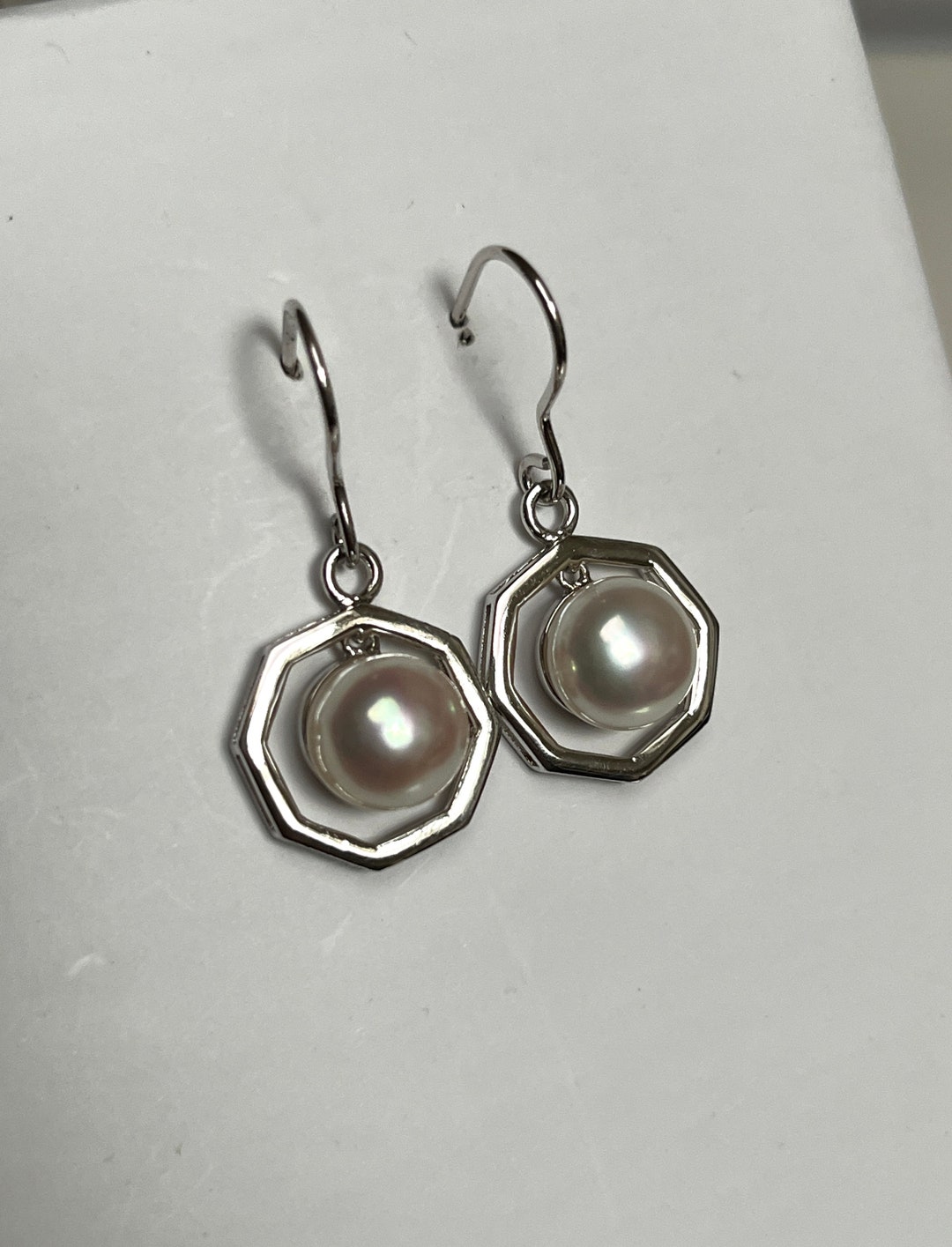 Vintage Pearl Octagon Silver Earrings Dangles Round White Pearls Simple ...