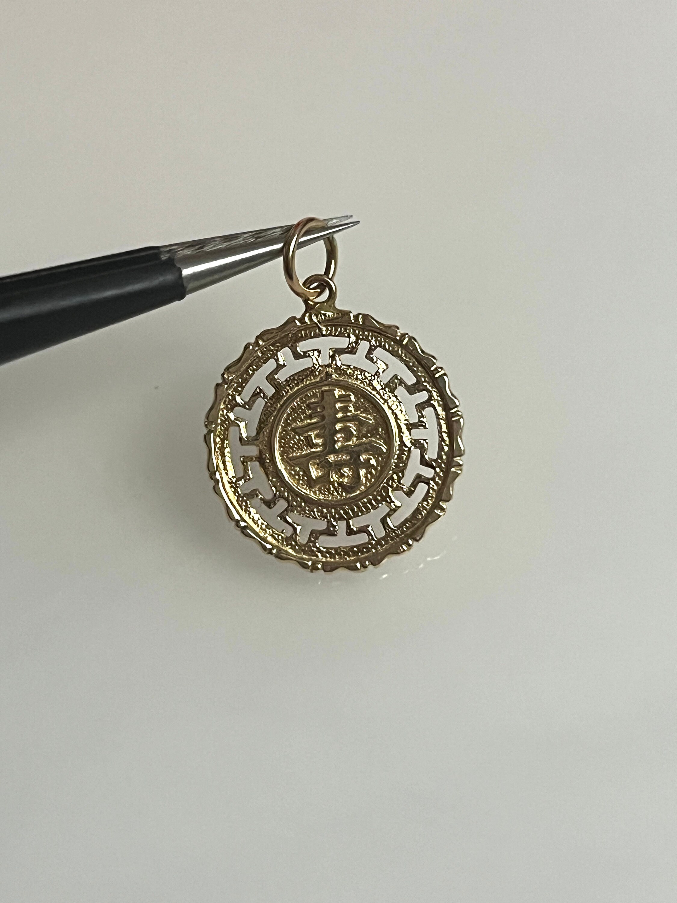 Double Sided 14K Yellow Gold Fortune Health Round Medallion Pendant ...