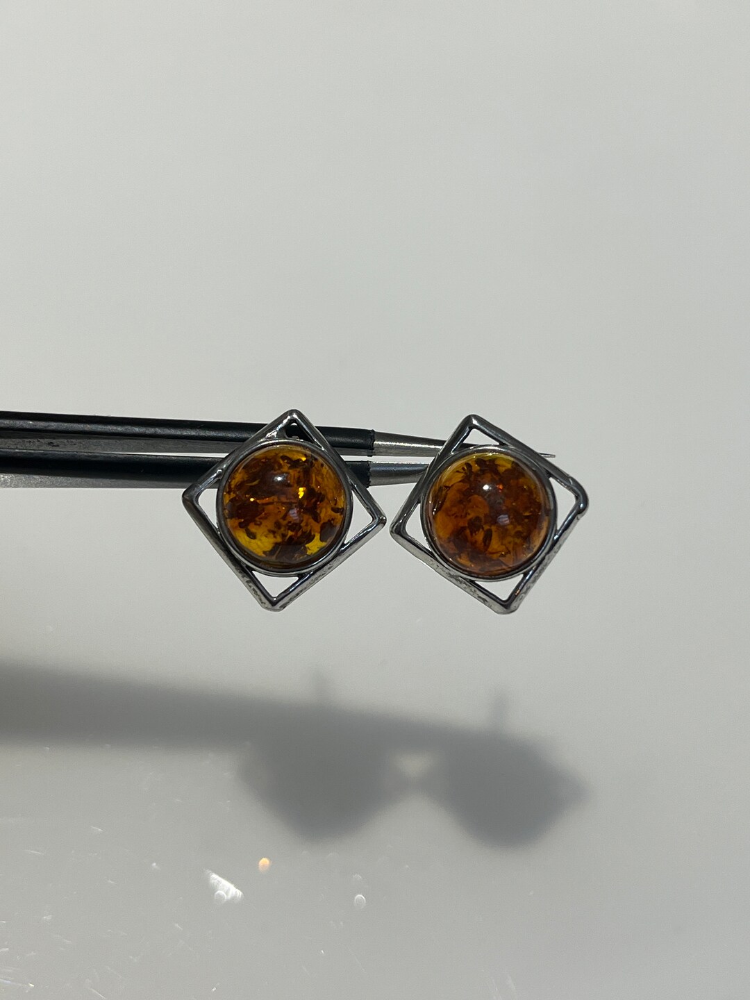 Vintage Diamond Shape Amber Sterling Silver Earrings Round Cabochon ...