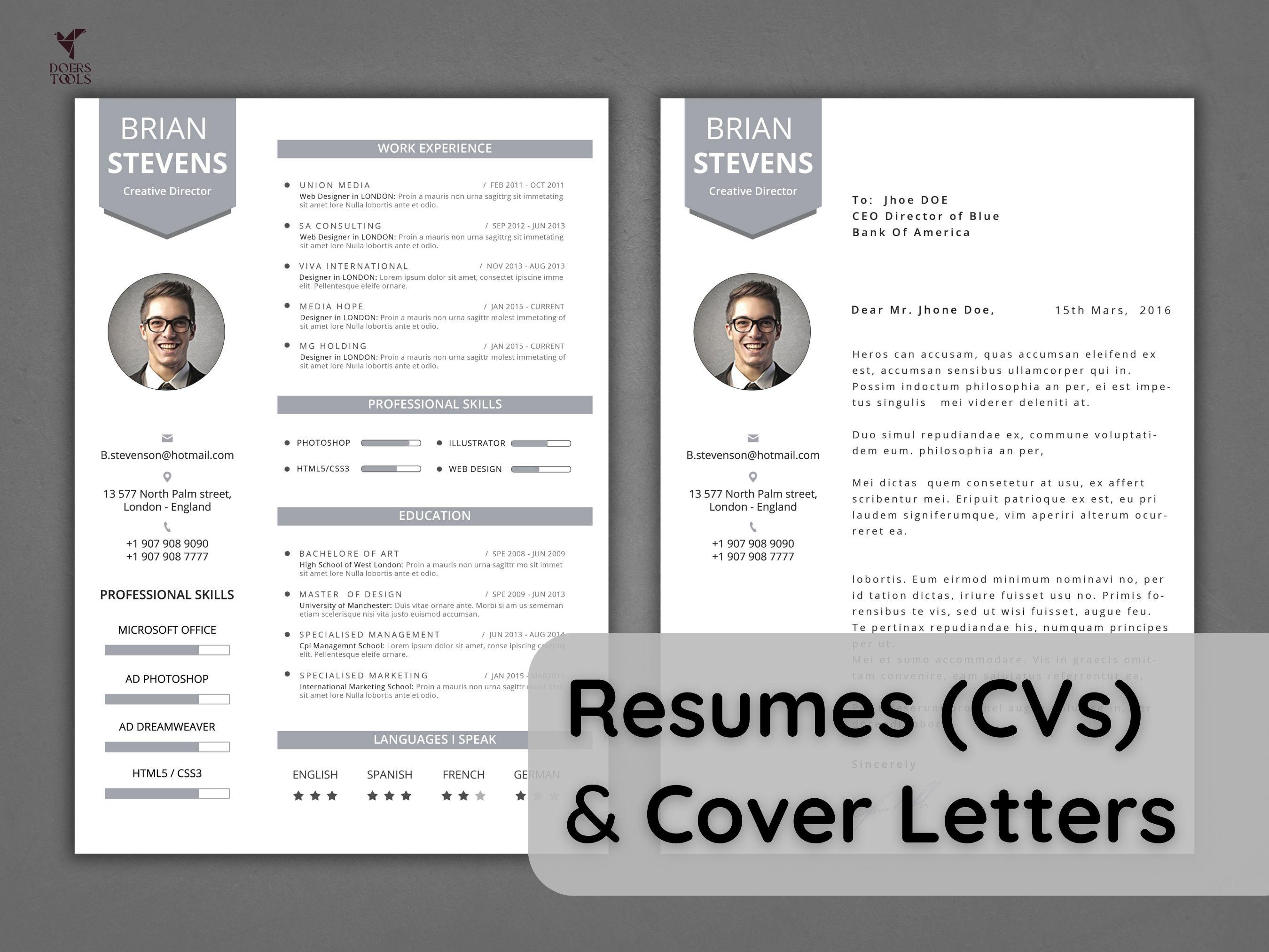 Resume Template Words, Resume Template Photoshop, Cover Letters Cvs - Etsy