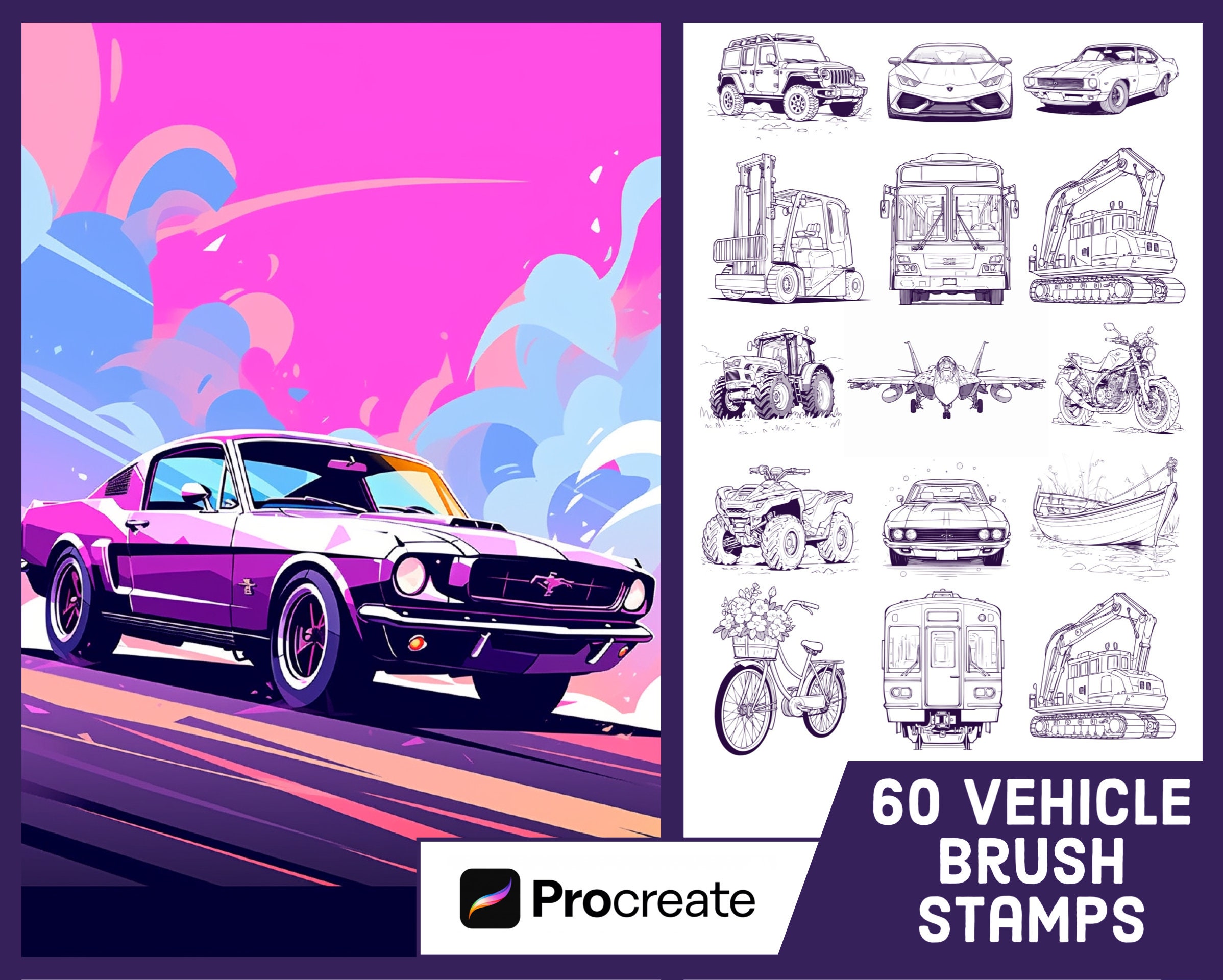 60 Vehicle Stamp Brushes for Procreate - Car Stamp Set - Illustration ...
