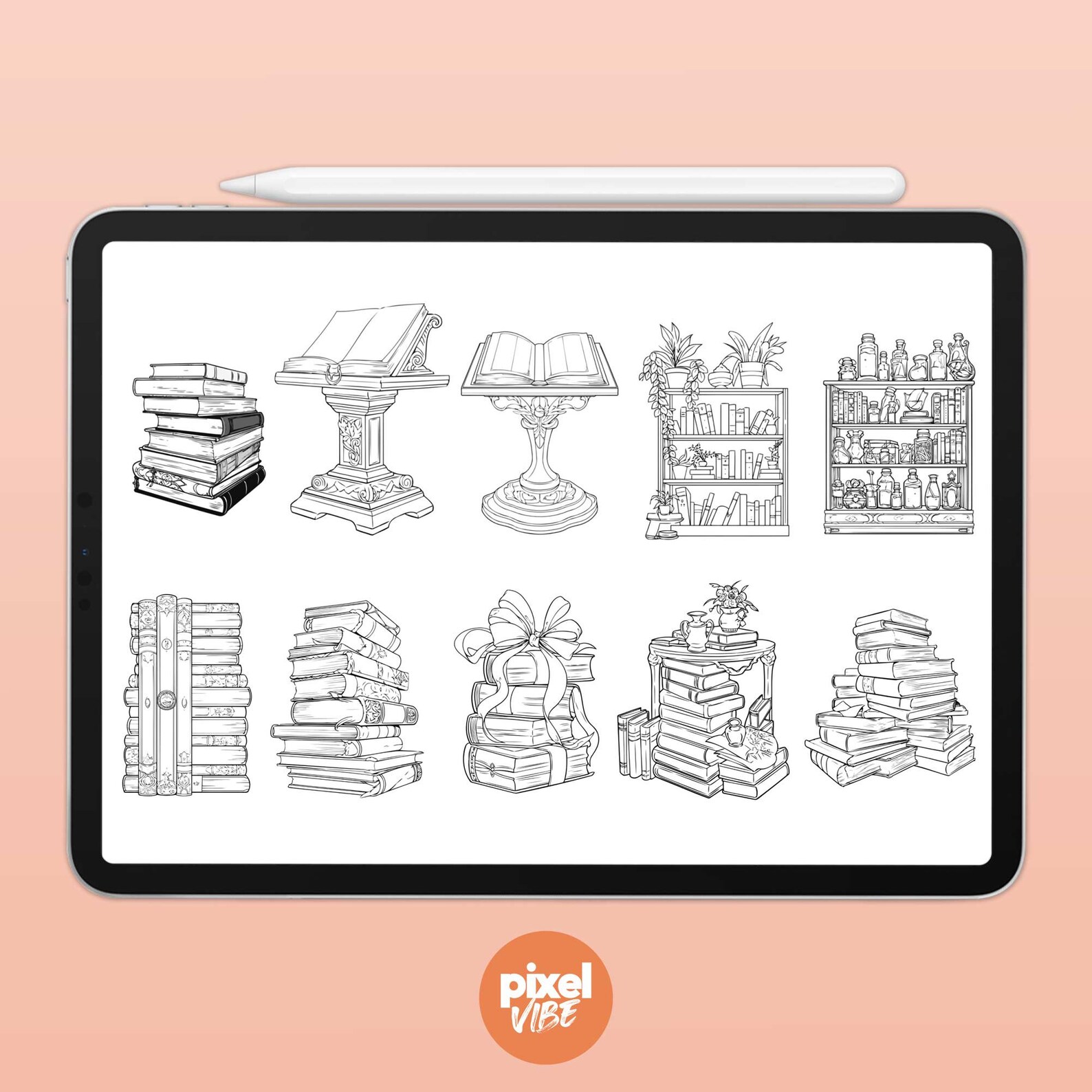 20 Book Stamp Brushes for Procreate - Library Illustration Brush Pack ...