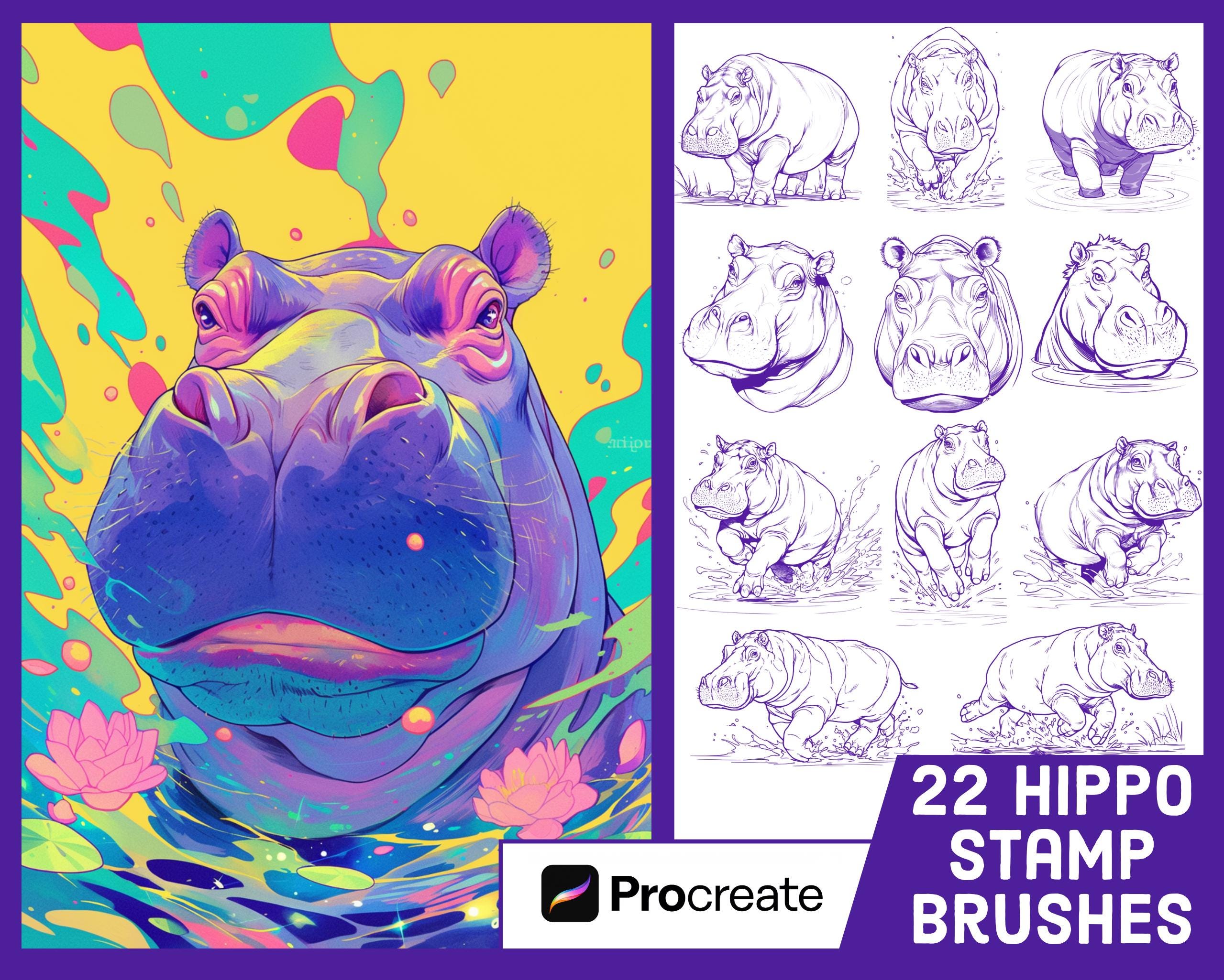 22 Hippo Stamp Brushes for Procreate - Safari Animal Illustration Brush ...