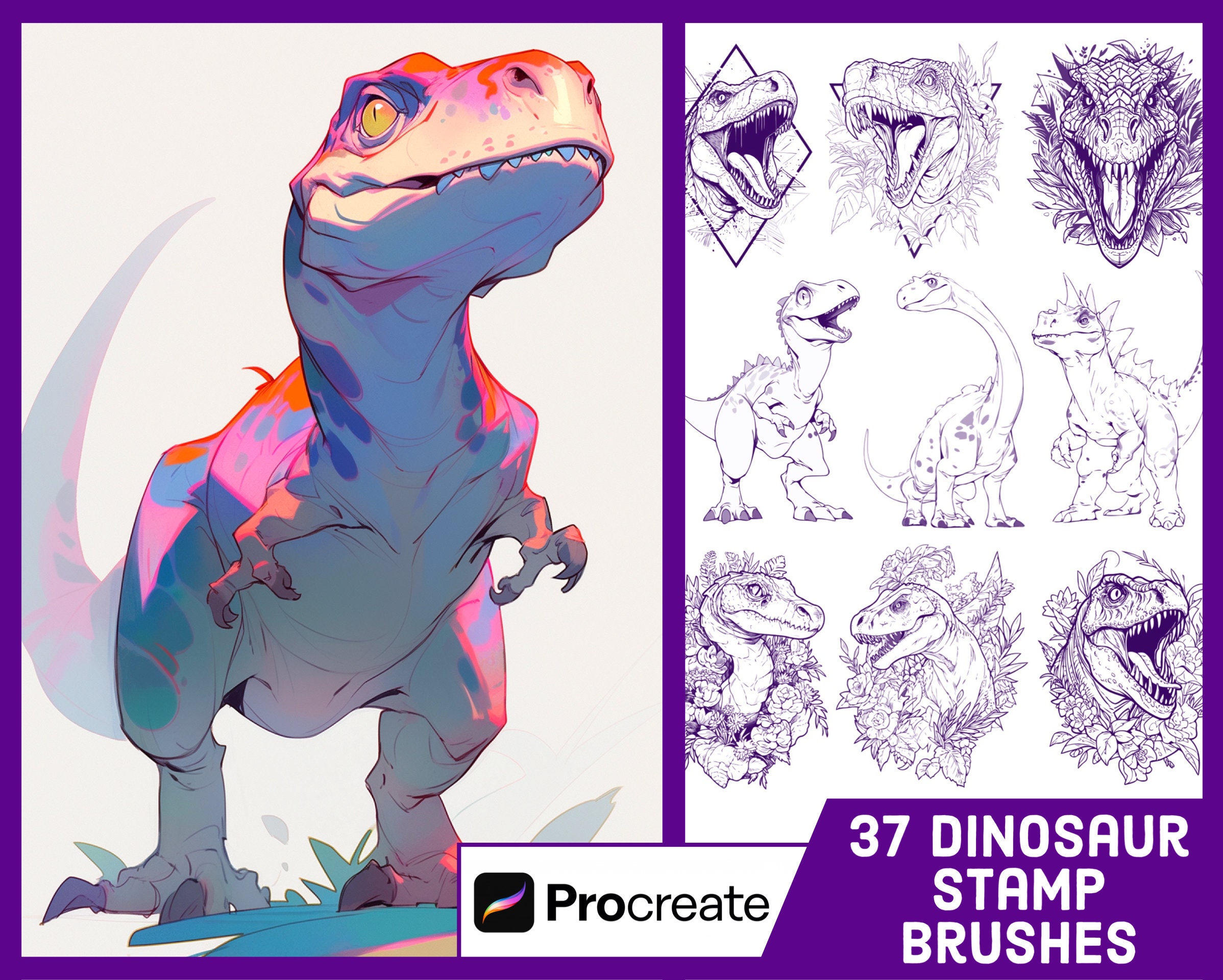 37 Dinosaur Stamp Brushes for Procreate - T-rex Illustration Brush Pack ...