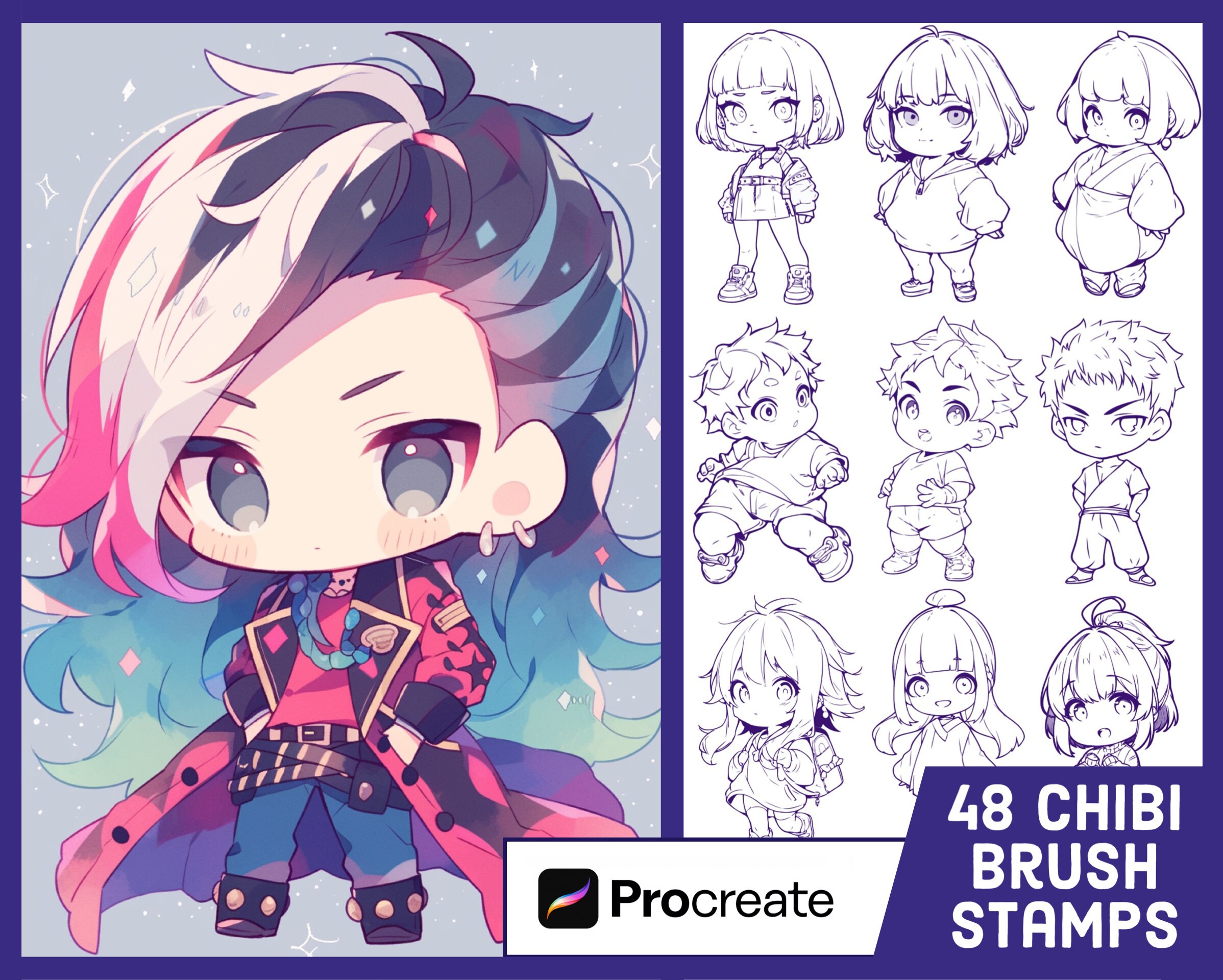 48 Chibi V2 Character Guide Stamp Brushes for Procreate - Anime ...