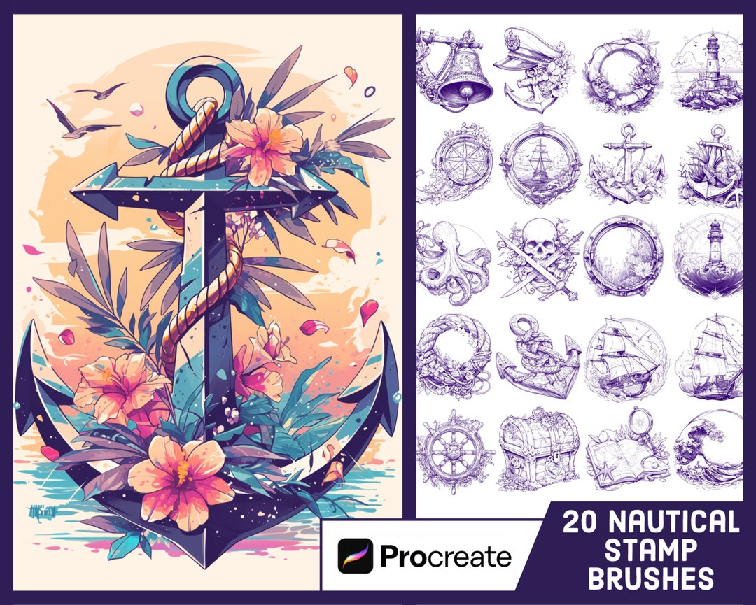 20 Nautical Stamp Brushes for Procreate - Ocean Sea Tattoo Illustration ...