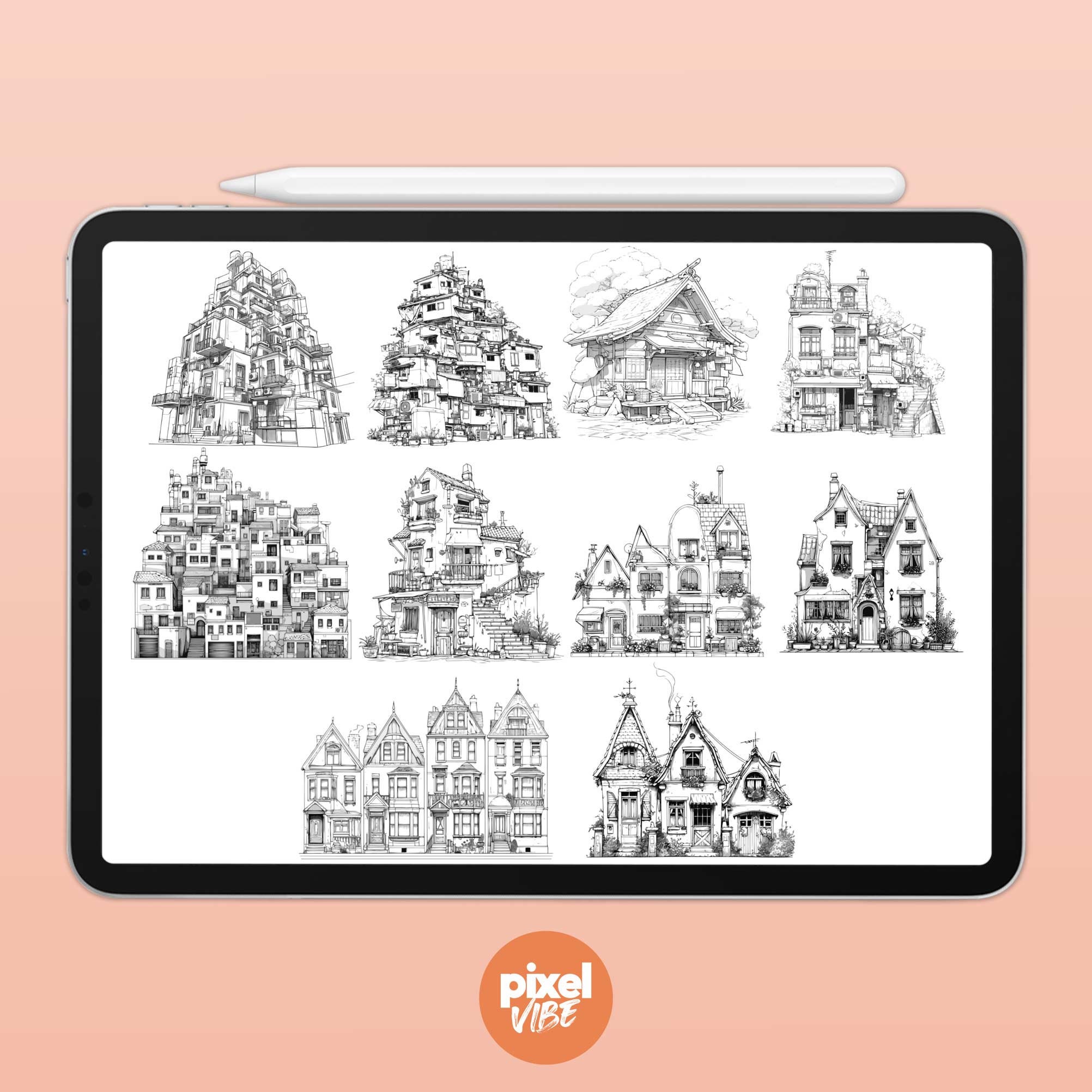 32 House Stamp Brushes for Procreate Building Illustration Brush Pack ...