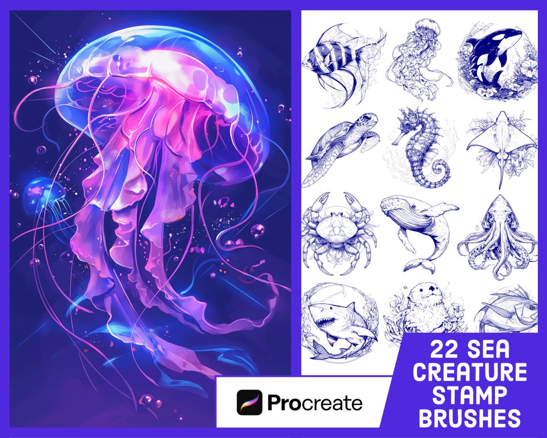 22 Sea Creature Stamp Brushes for Procreate Fish Illustration Brush ...